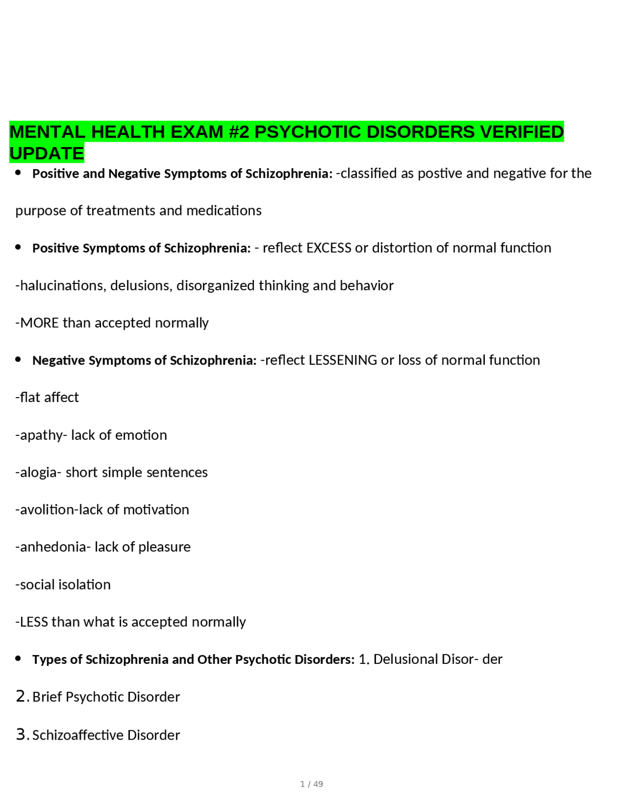 MENTAL HEALTH EXAM #2 PSYCHOTIC DISORDERS VERIFIED UPDATE | Exams ...