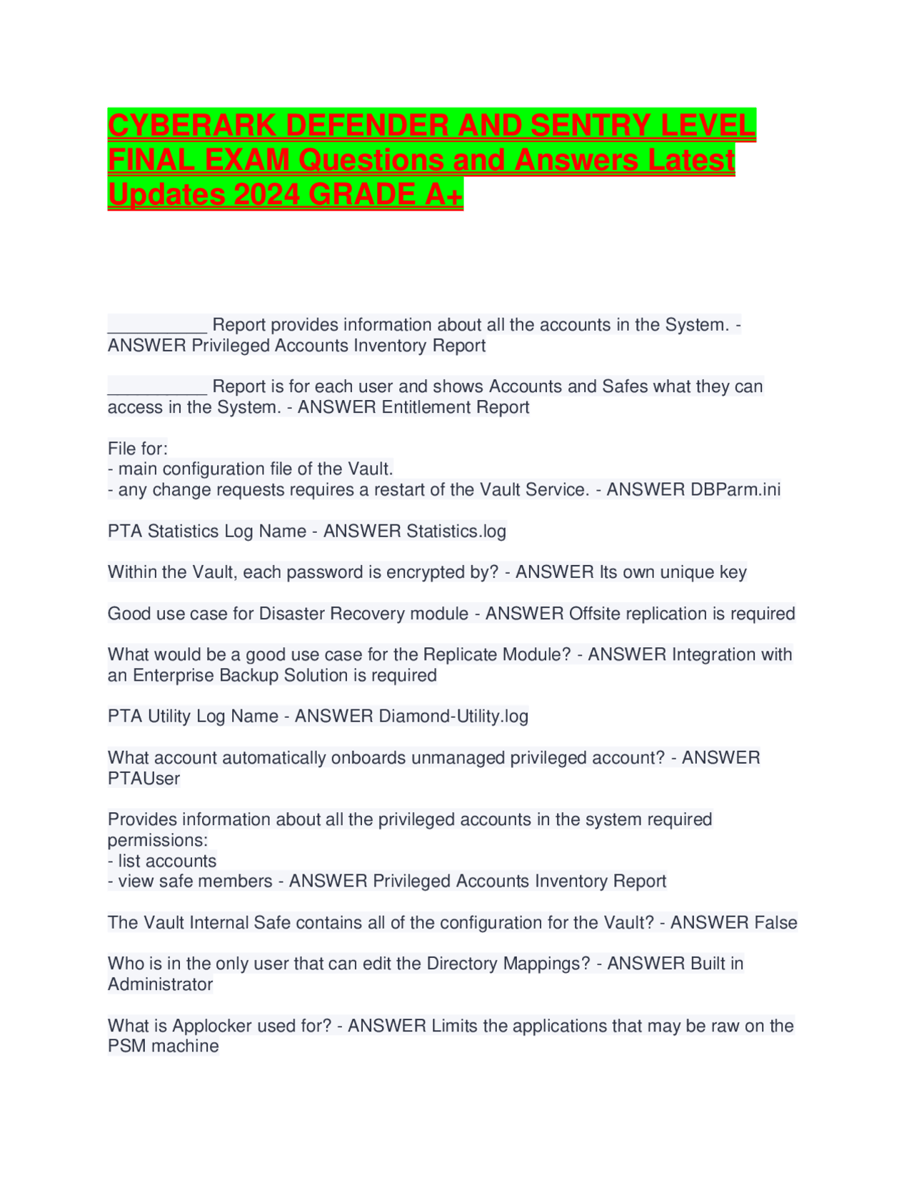 CYBERARK DEFENDER AND SENTRY LEVEL FINAL EXAM Questions and Answers ...