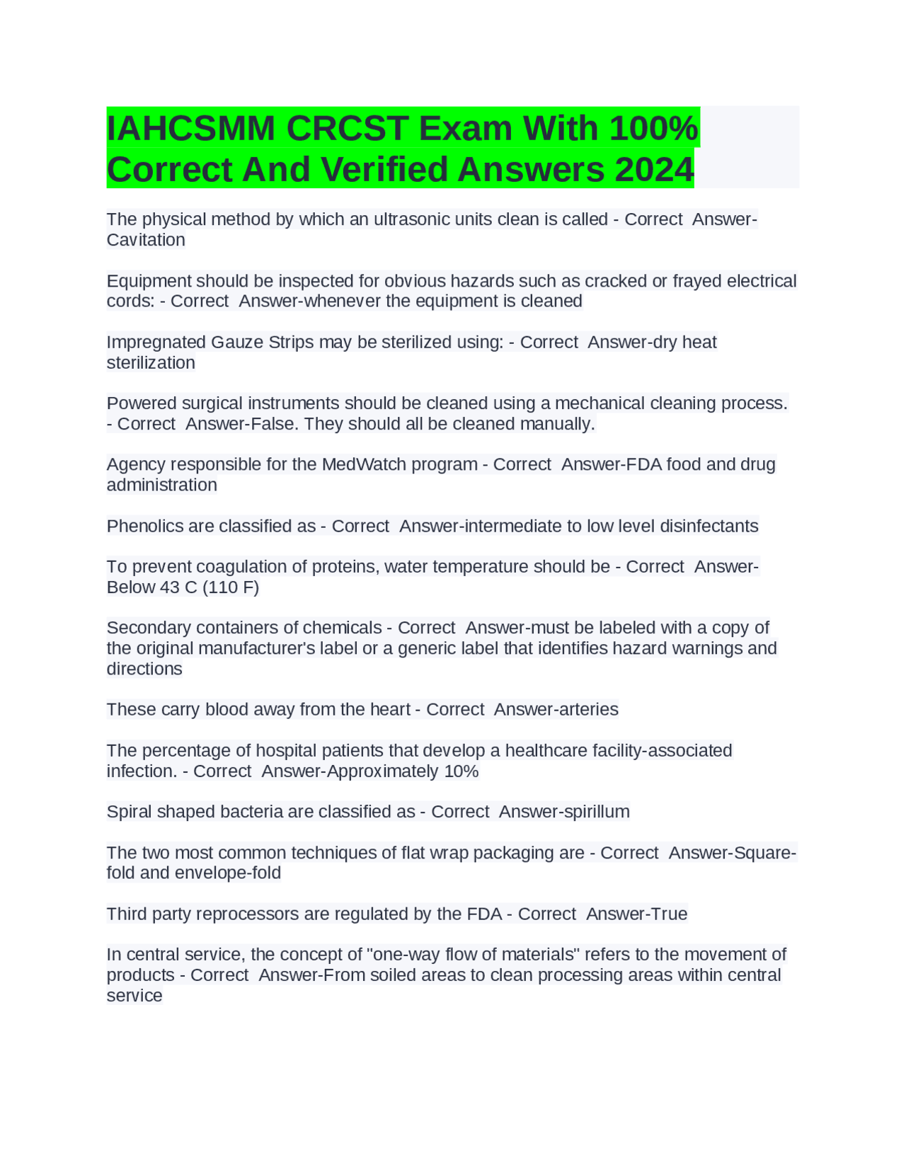 IAHCSMM CRCST Exam With 100% Correct And Verified Answers 2024 | Exams ...