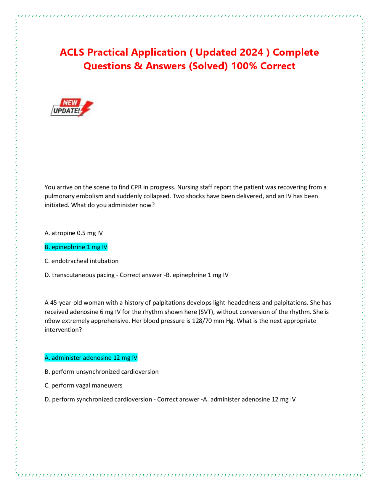 ACLS Practical Application ( Updated 2024 ) Complete Questions & Answers (Solved) 100% Cor ...