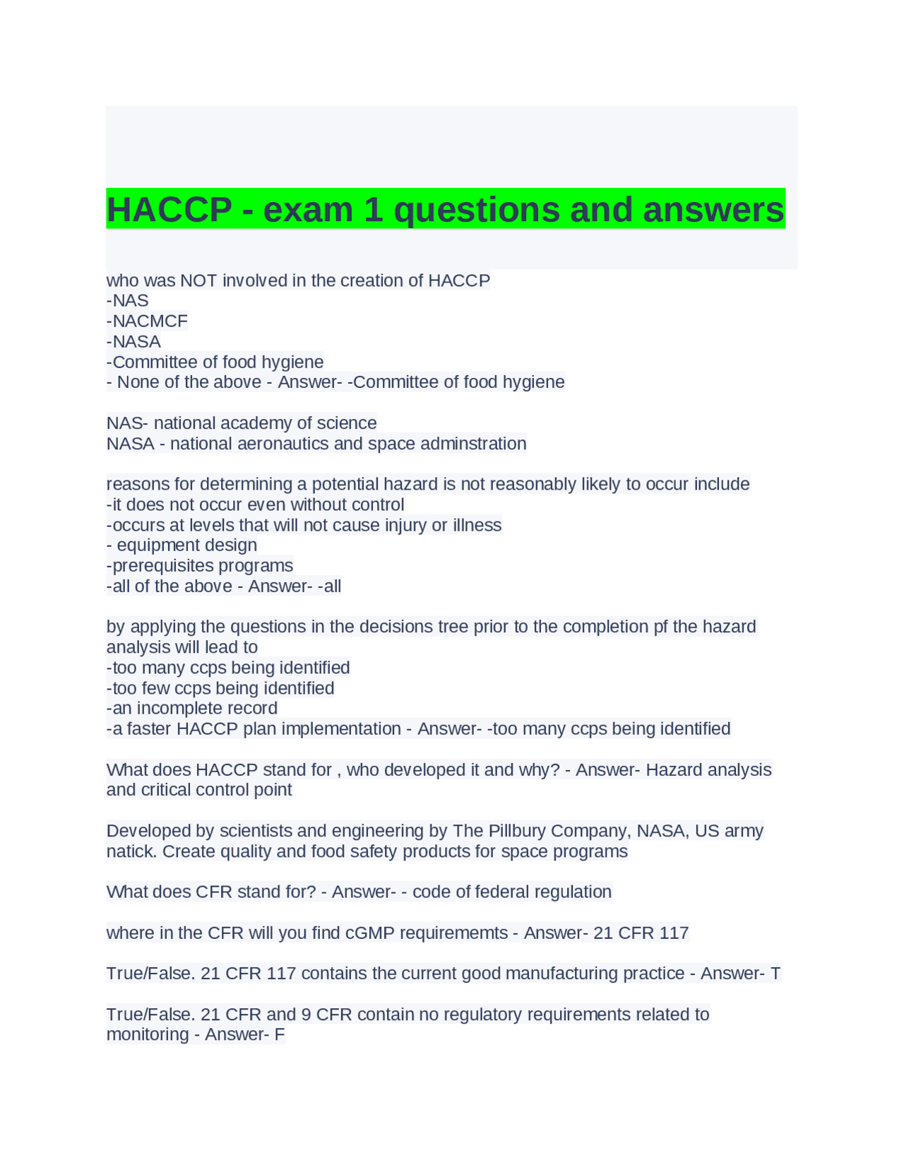 HACCP - exam 1 questions and answers | Exams Advanced Education | Docsity