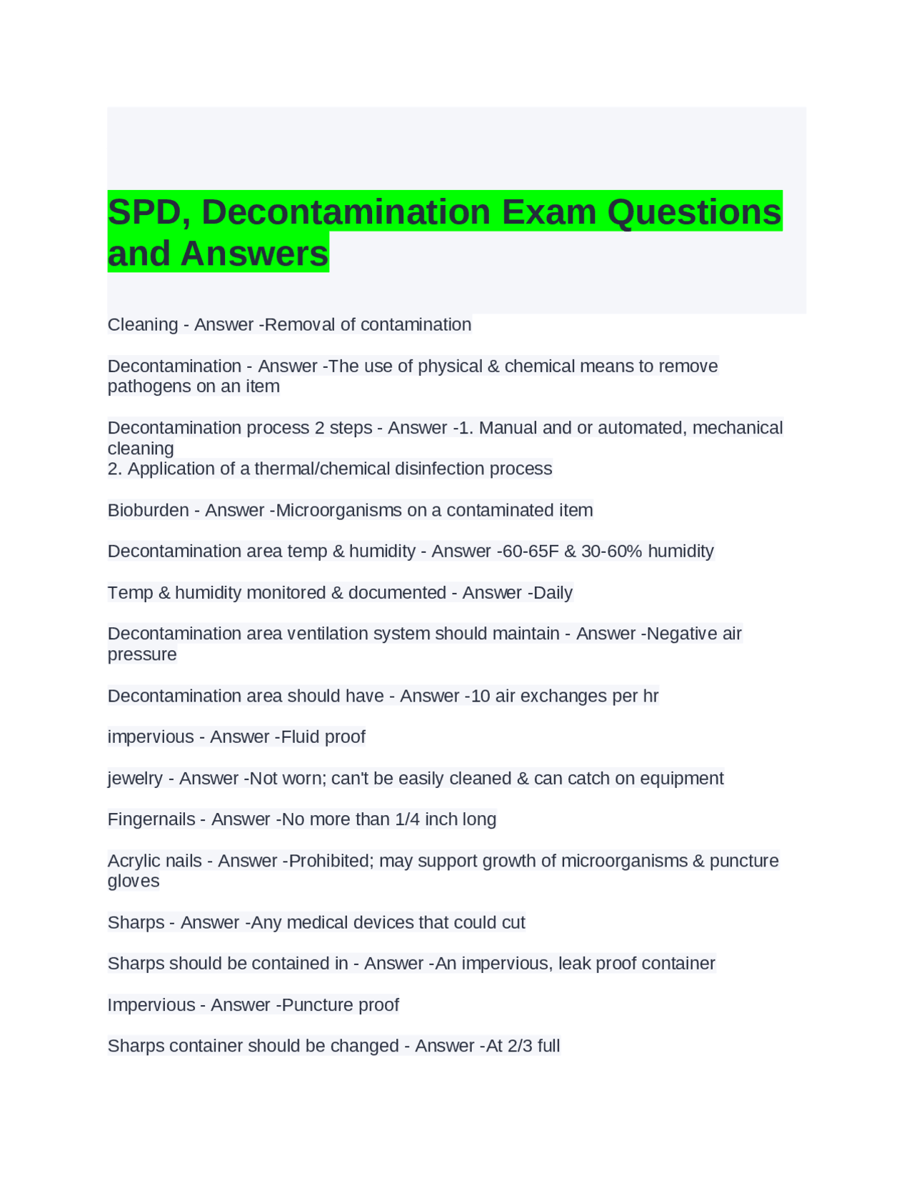 SPD, Decontamination Exam Questions and Answers | Exams Public Health ...