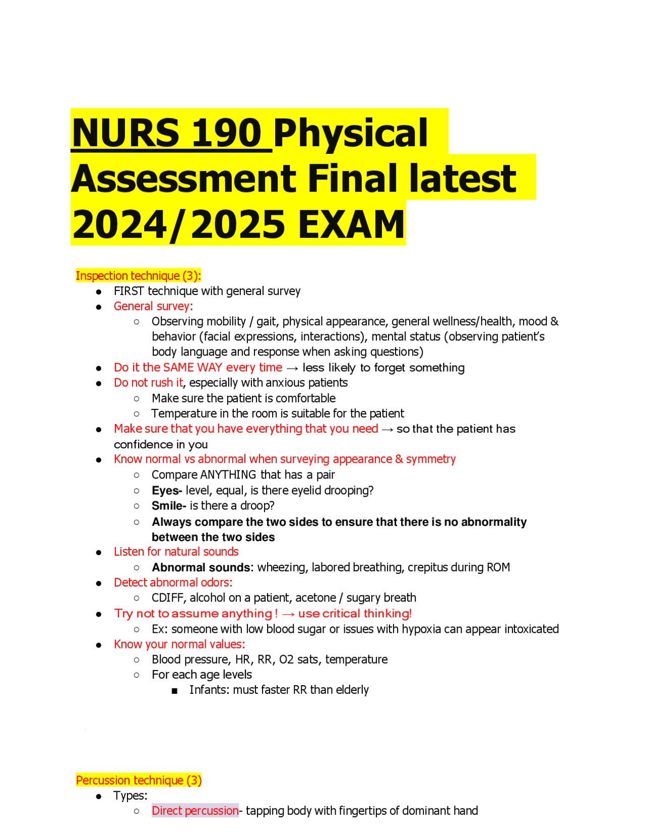NURS 190 Physical Assessment Final latest 2024/2025 EXAM | Exams Health ...