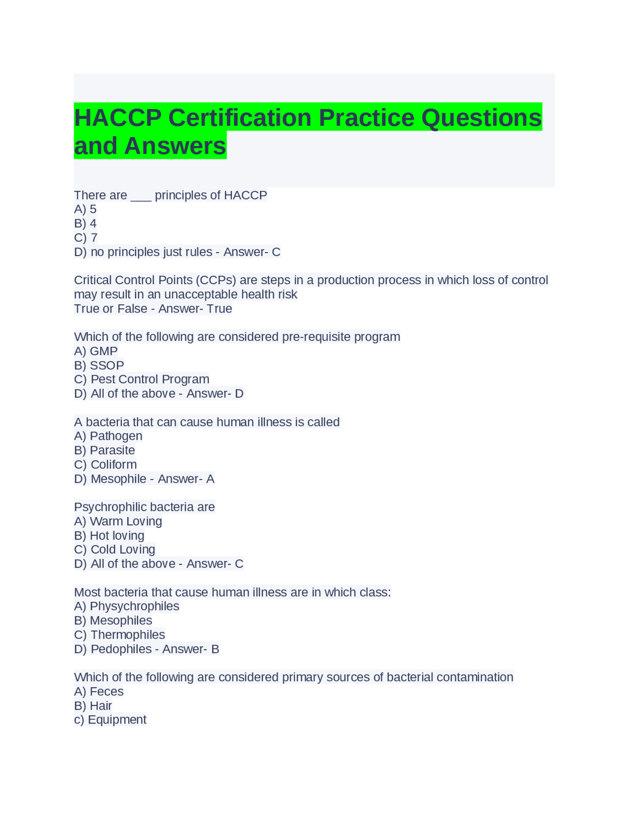 HACCP Certification Practice Questions and Answers | Exams Advanced ...