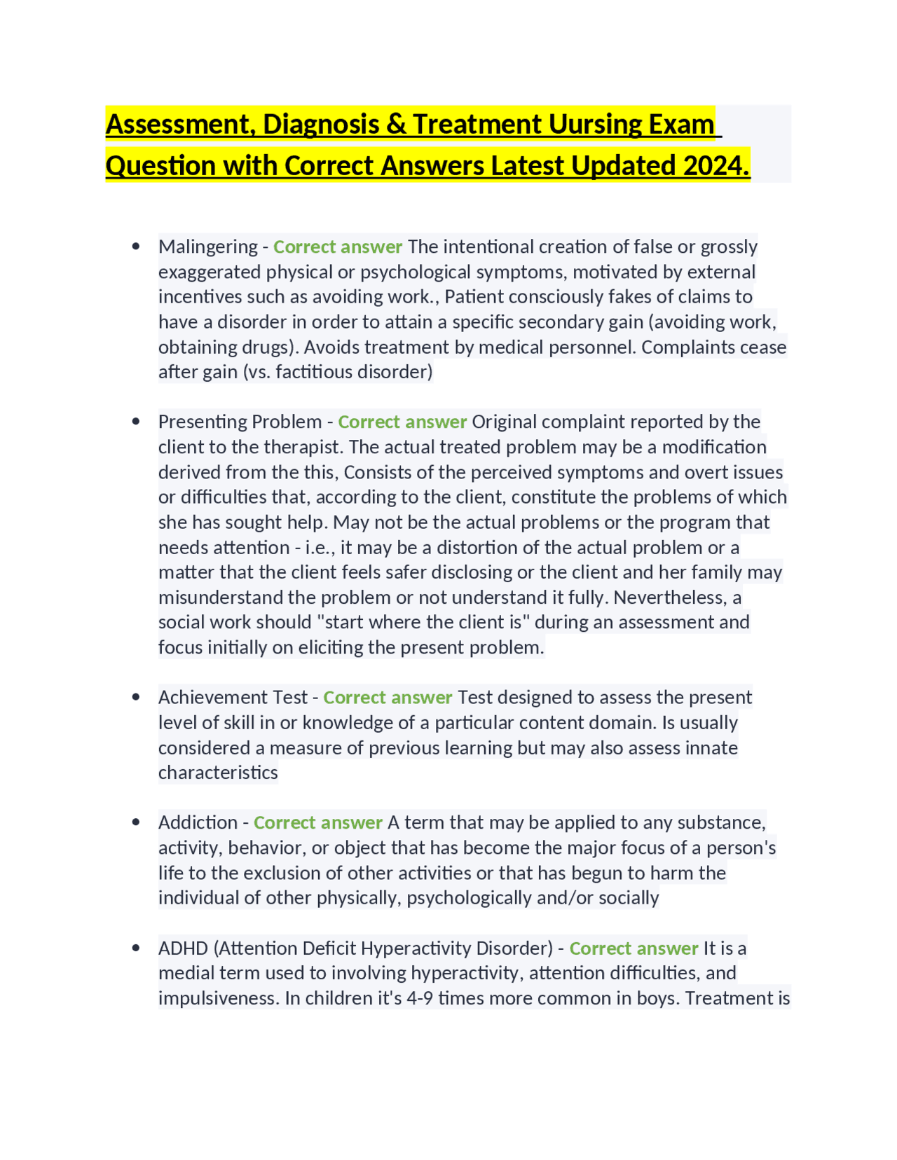 Assessment, Diagnosis & Treatment Uursing Exam Question with Correct ...