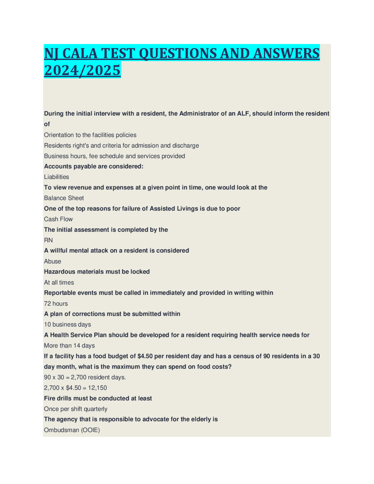 NJ CALA Test Questions and Answers | Exams Business Administration ...