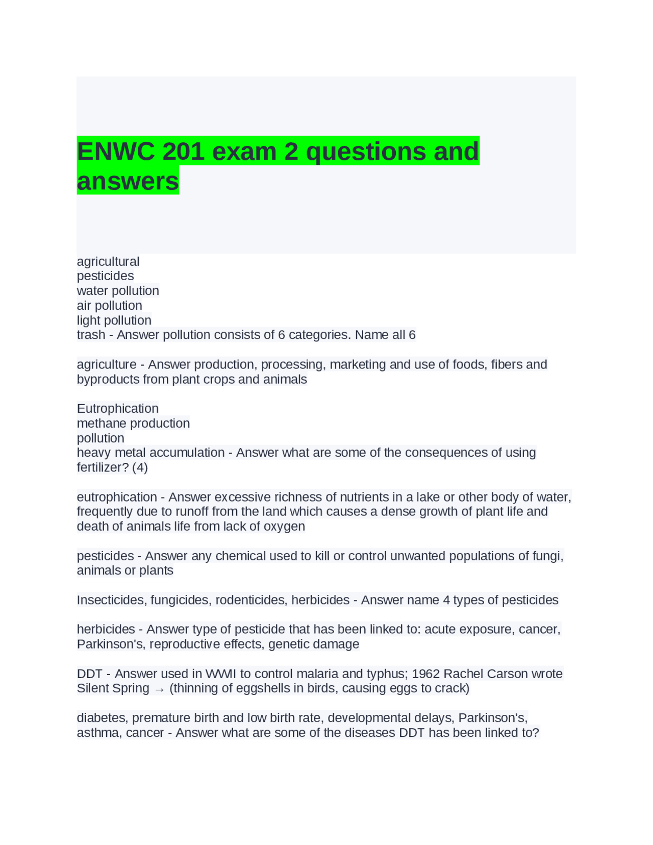 ENWC 201 exam 2 questions and answers | Exams Advanced Education | Docsity