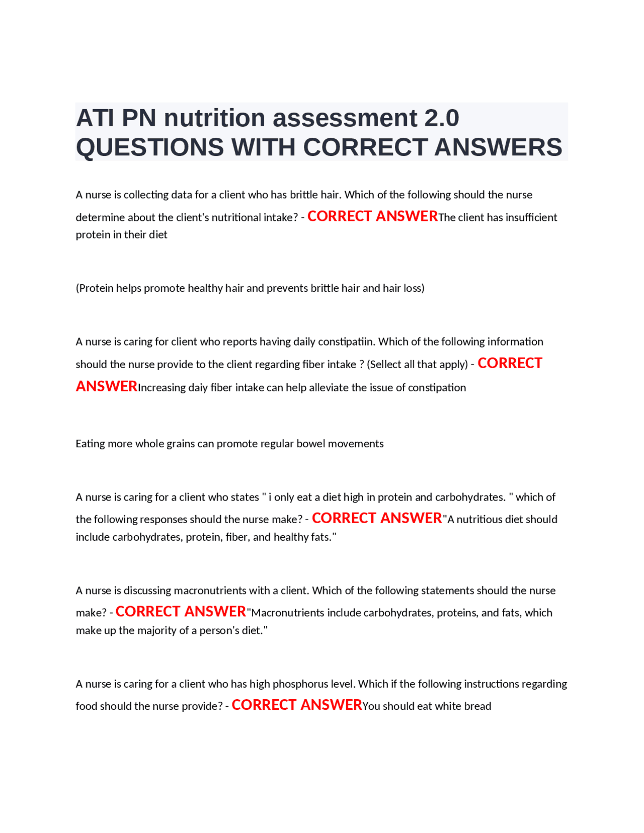 Nutrition Assessment and Diet Recommendations | Exams Nursing | Docsity