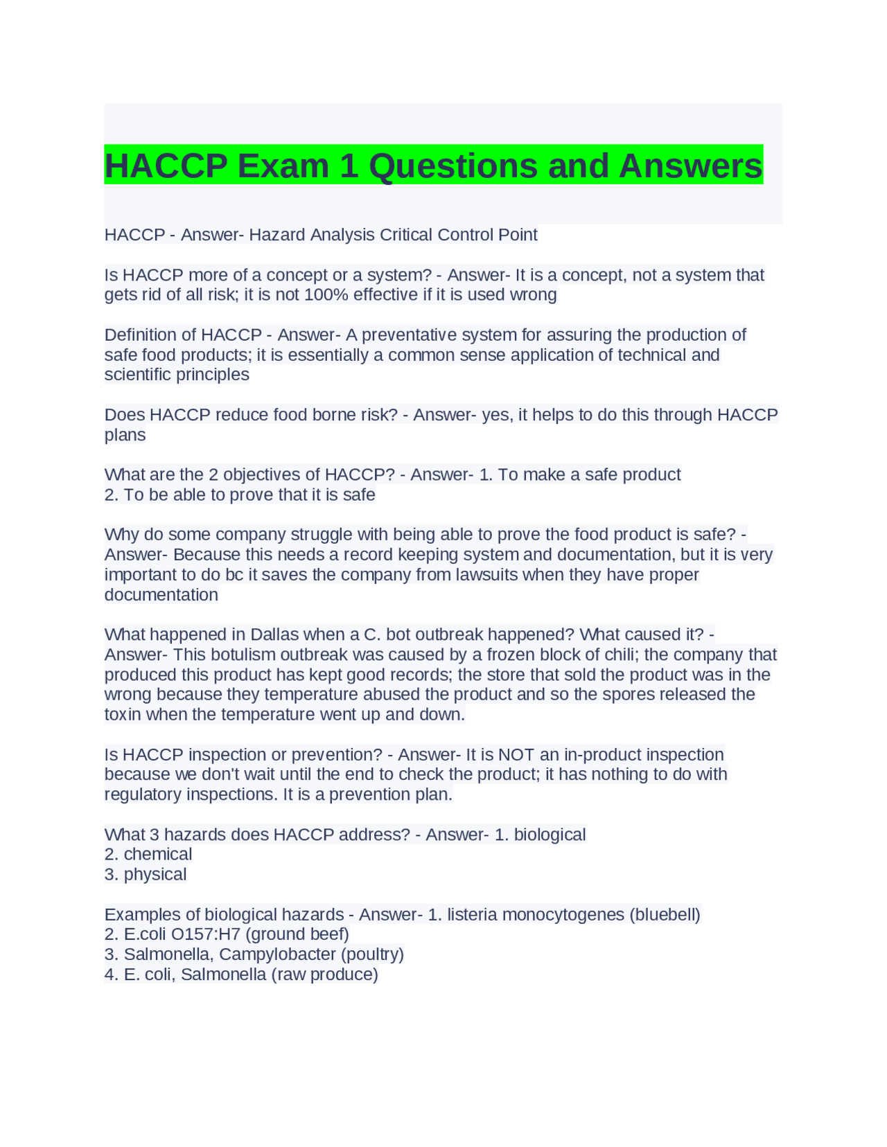 HACCP Exam 1 Questions and Answers | Exams Advanced Education | Docsity