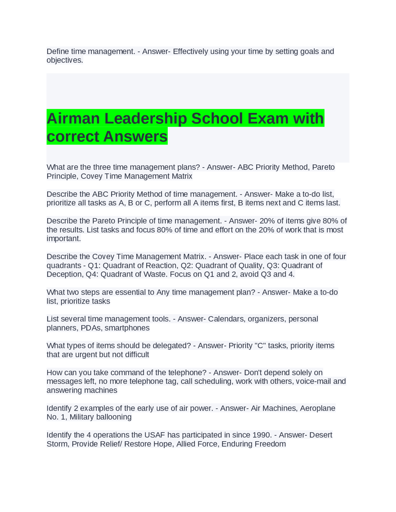 Airman Leadership School Exam with correct Answers | Exams Advanced ...