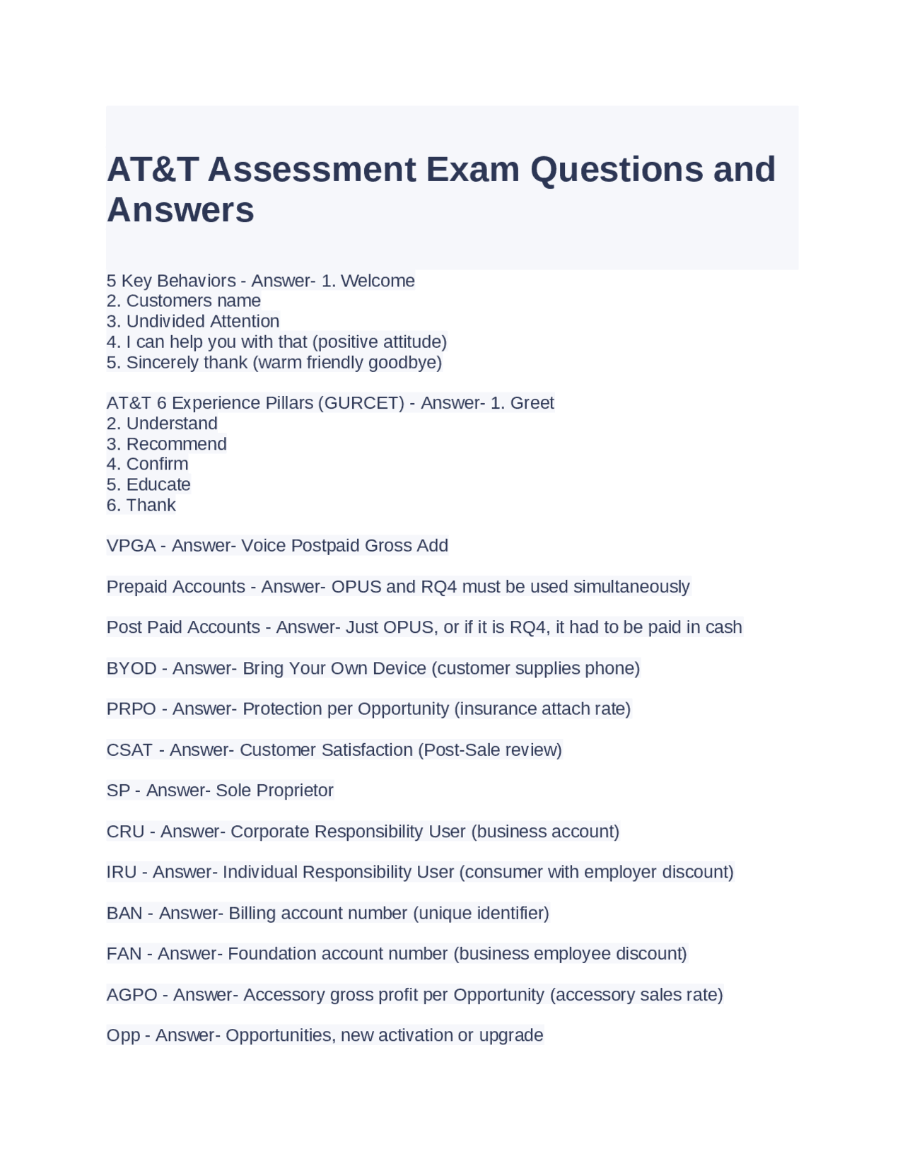 AT&T Assessment Exam: Key Behaviors, Experience Pillars, and Pricing ...