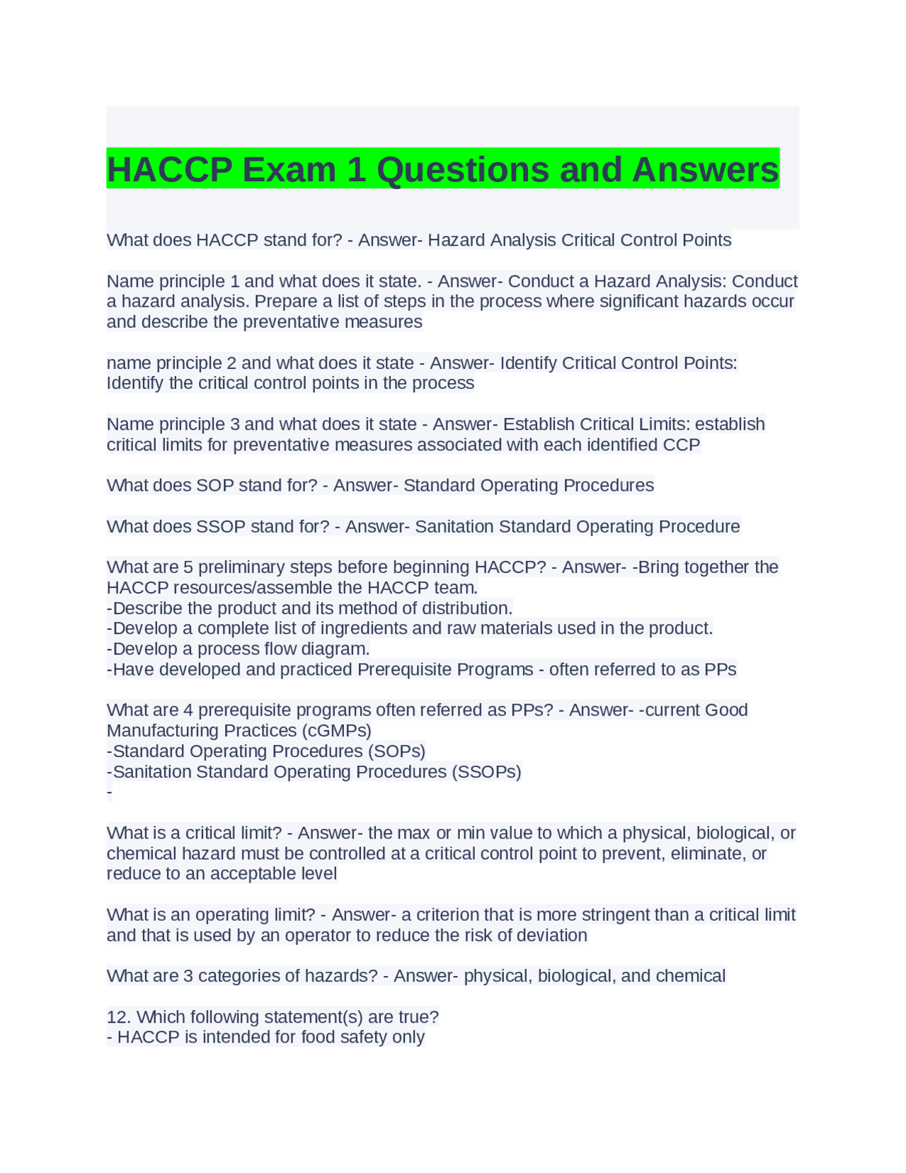 HACCP Exam 1 Questions and Answers | Exams Advanced Education | Docsity