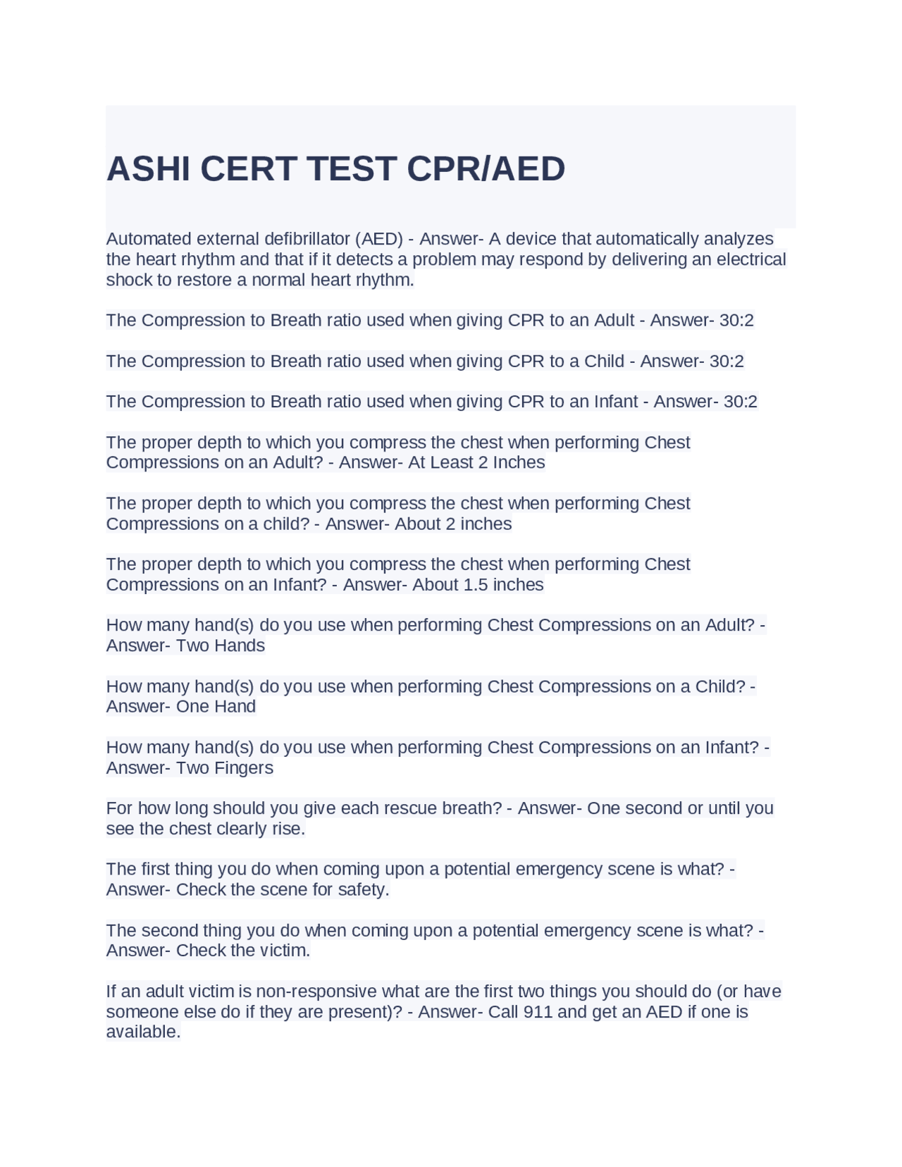 ASHI CERT TEST CPR/AED | Exams Advanced Education | Docsity