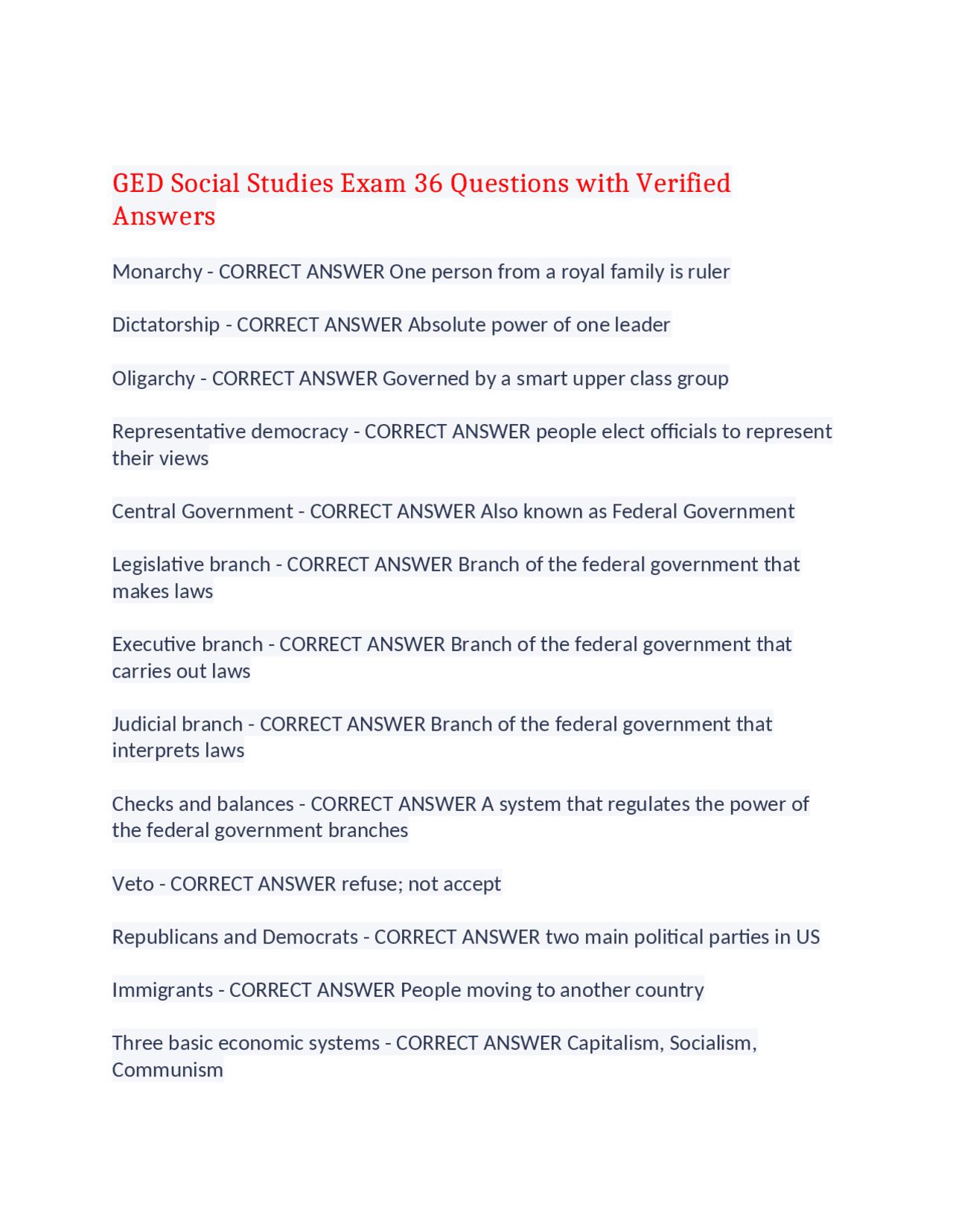 GED Social Studies Exam 36 Questions with Verified Answers,100% CORRECT ...
