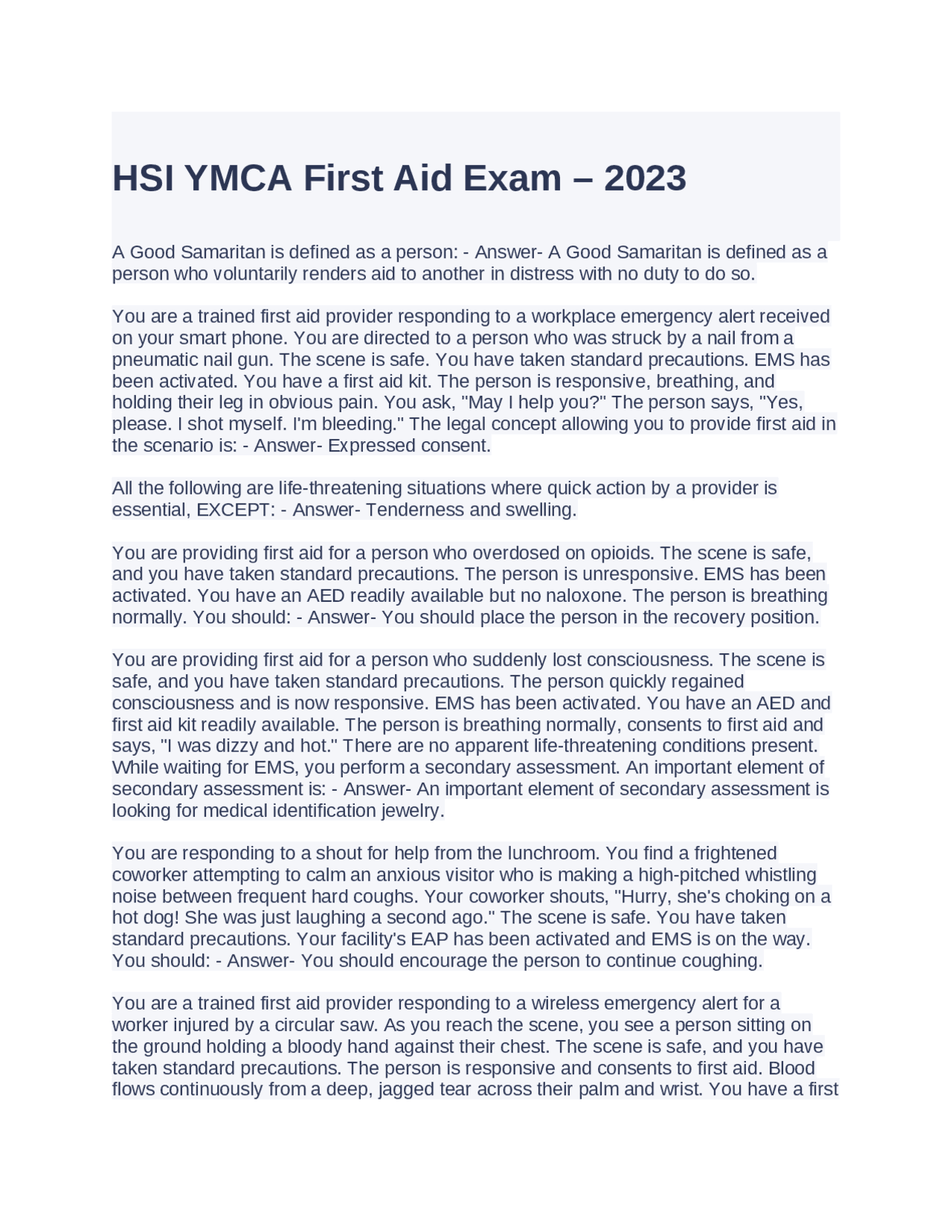 HSI YMCA First Aid Exam - 2023-2024 Questions and Answers | Exams ...