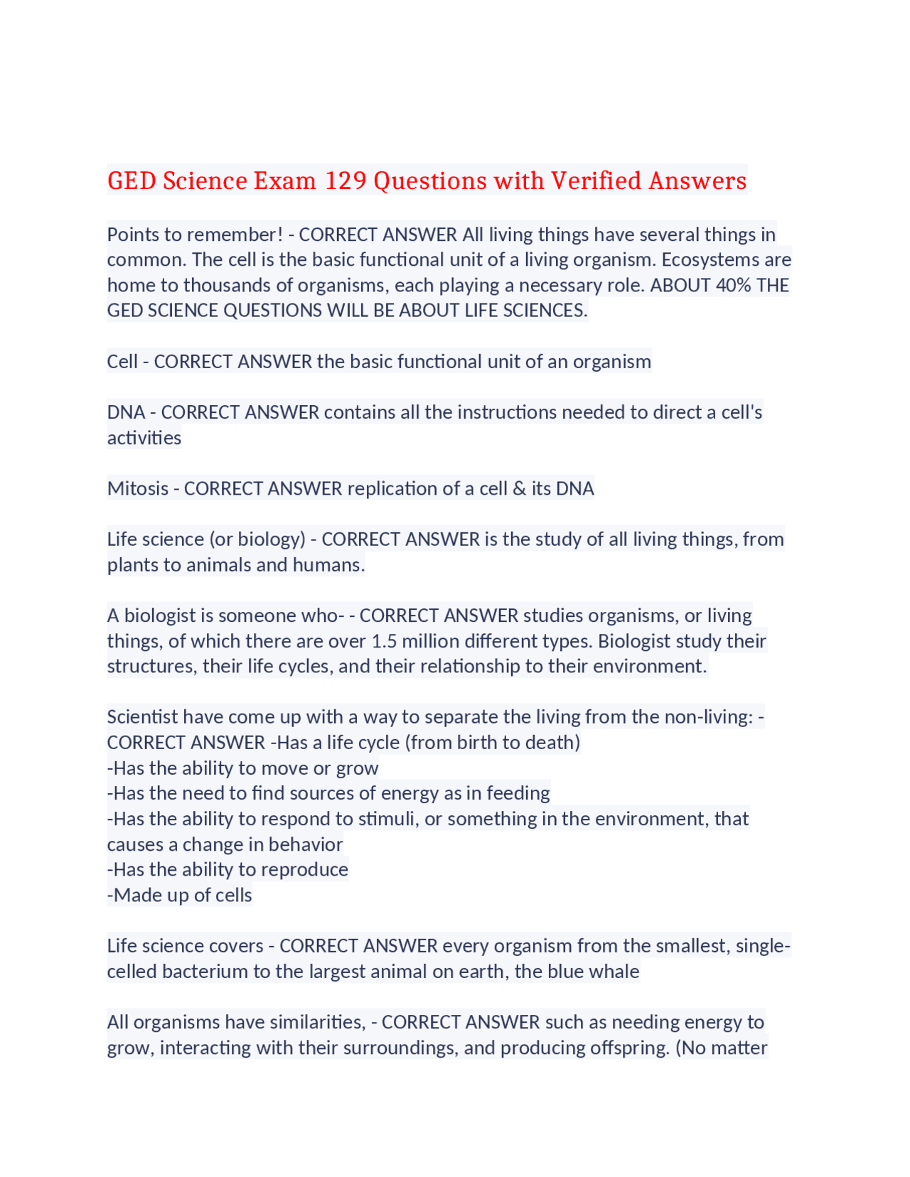 GED Science Exam 129 Questions with Verified Answers,100% CORRECT ...