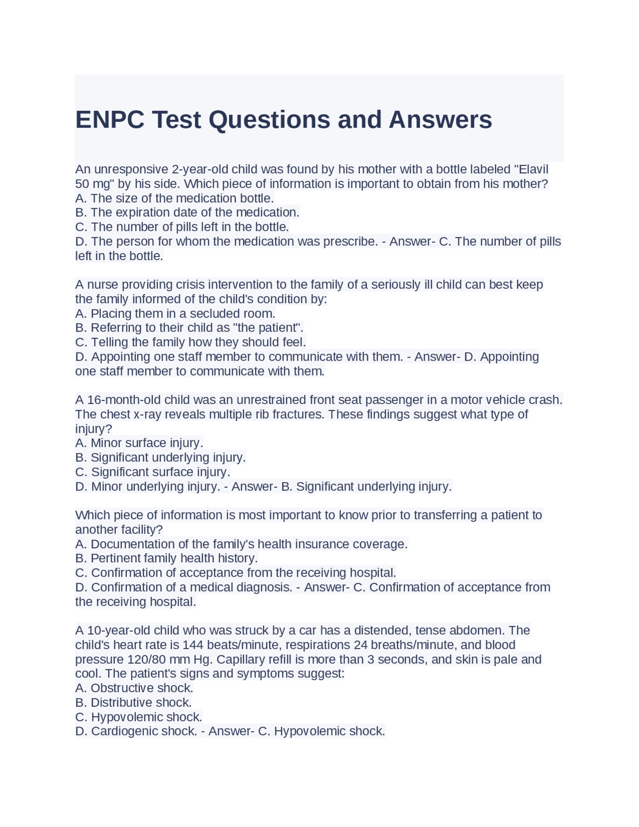 ENPC Test Questions and Answers | Exams Advanced Education | Docsity