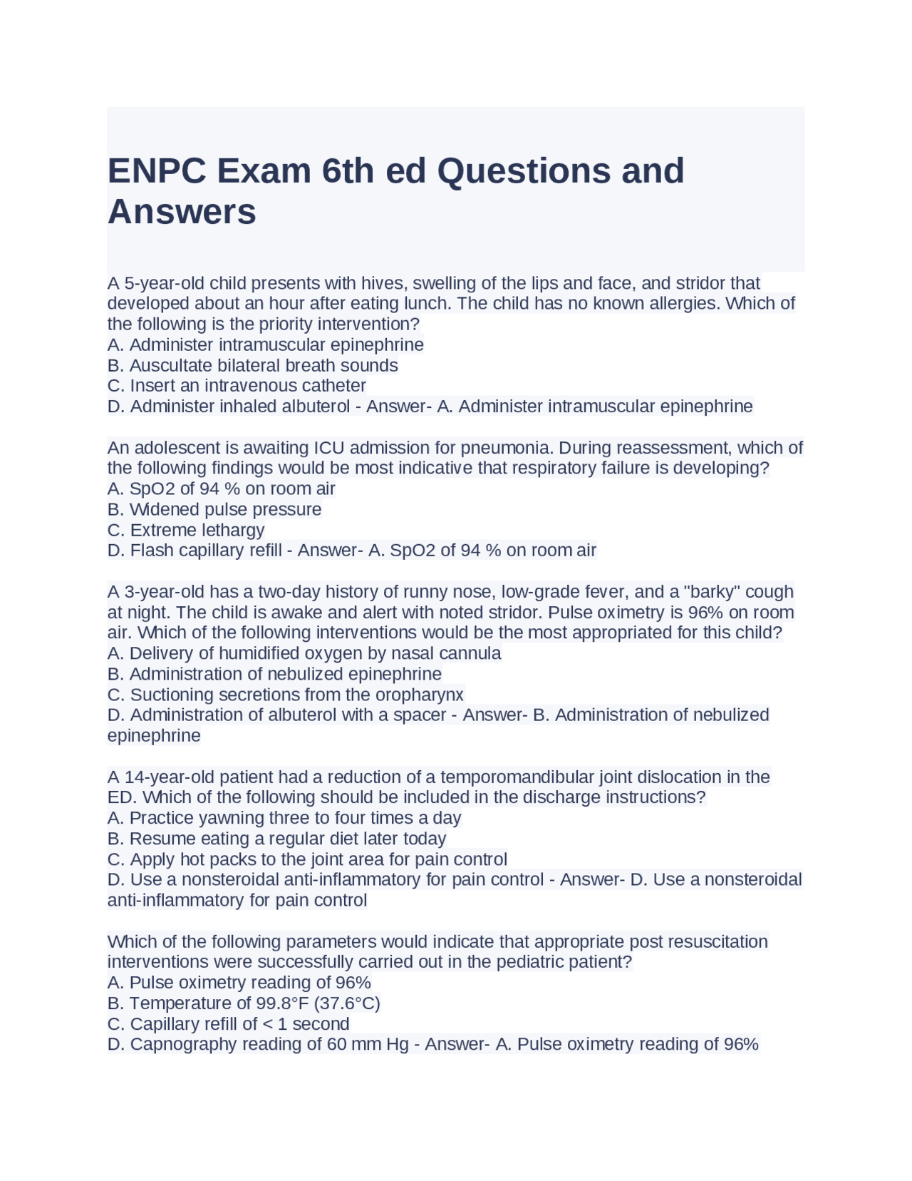 ENPC Exam 6th ed Questions and Answers | Exams Advanced Education | Docsity