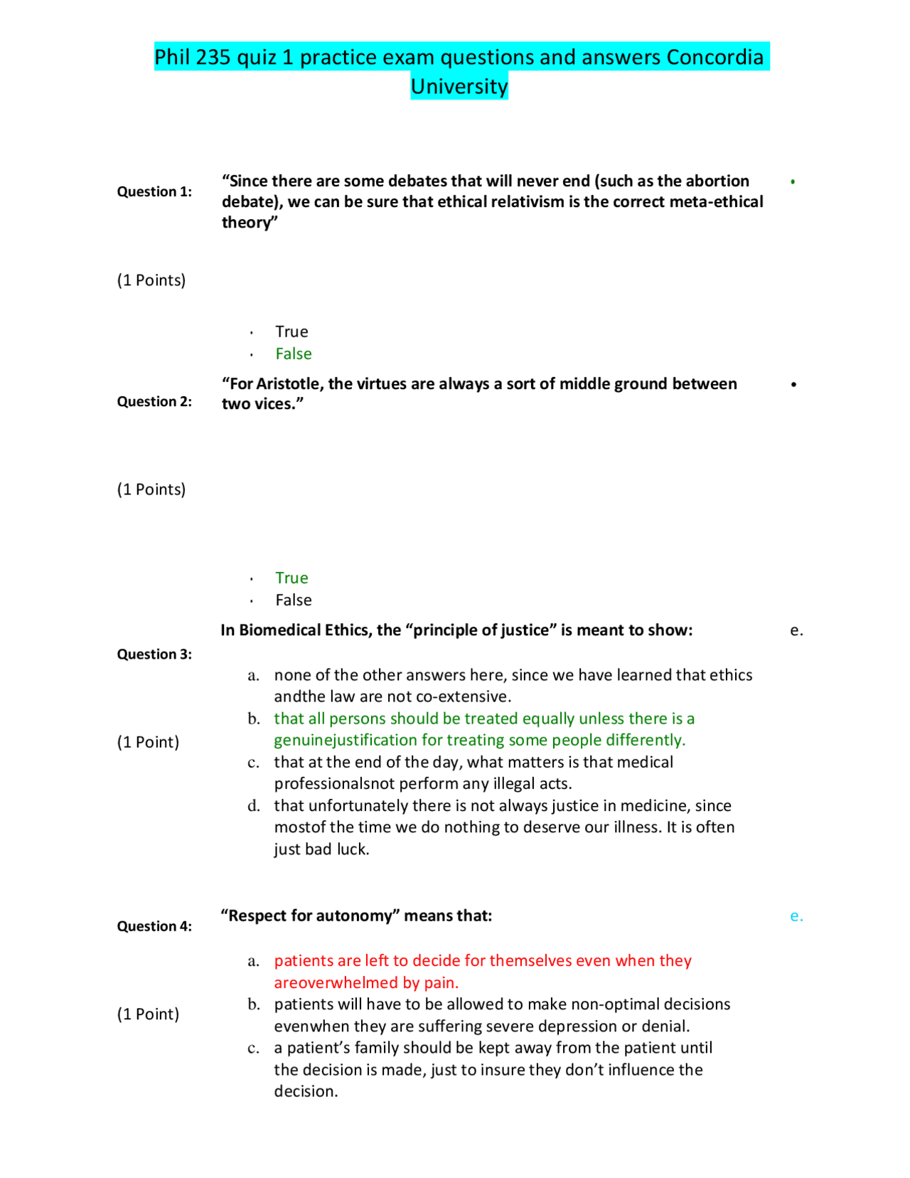 Phil 235 Quiz 1 Practice Exam Questions and Answers | Exams Philosophy | Docsity