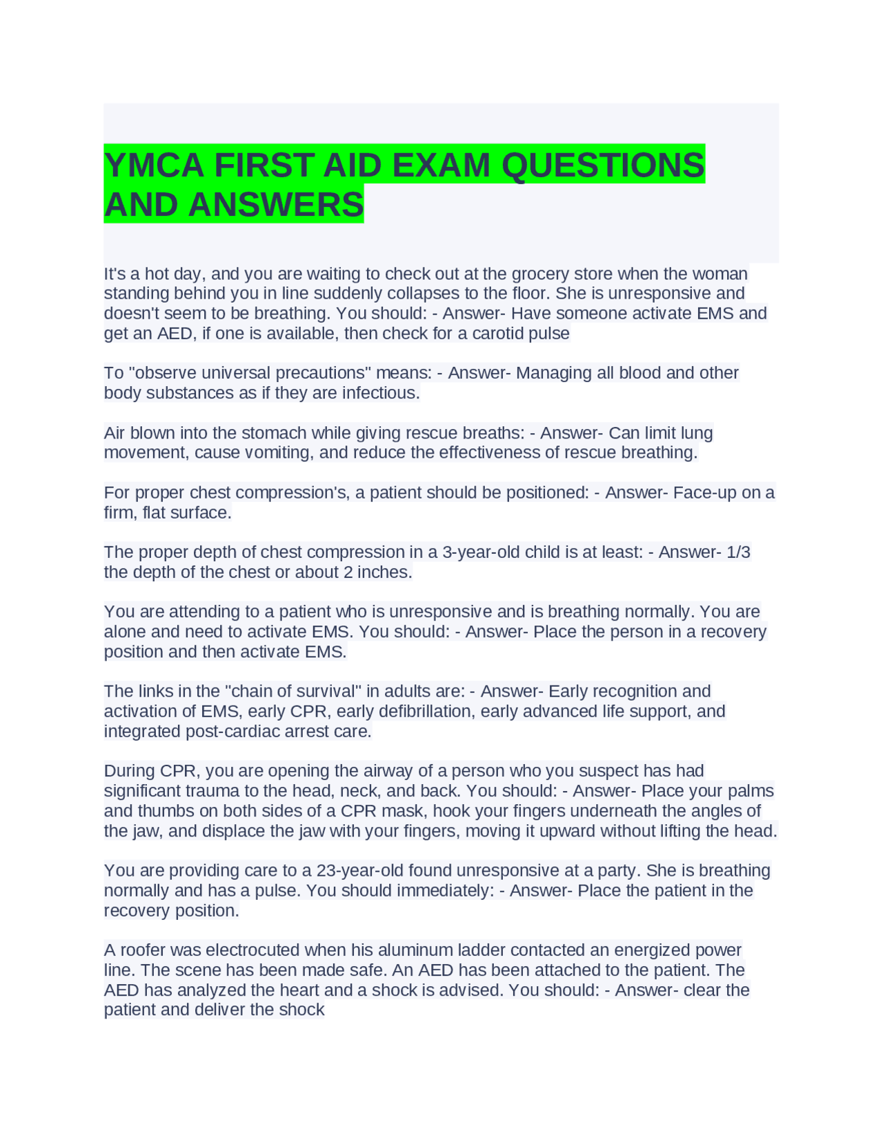 YMCA FIRST AID EXAM QUESTIONS AND ANSWERS | Exams Advanced Education ...