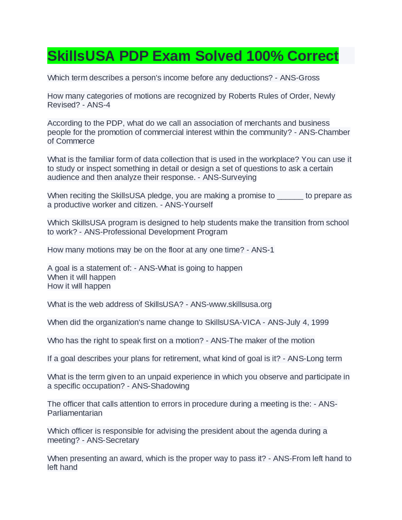 SkillsUSA PDP Exam Solved 2024 | Exams Advanced Education | Docsity
