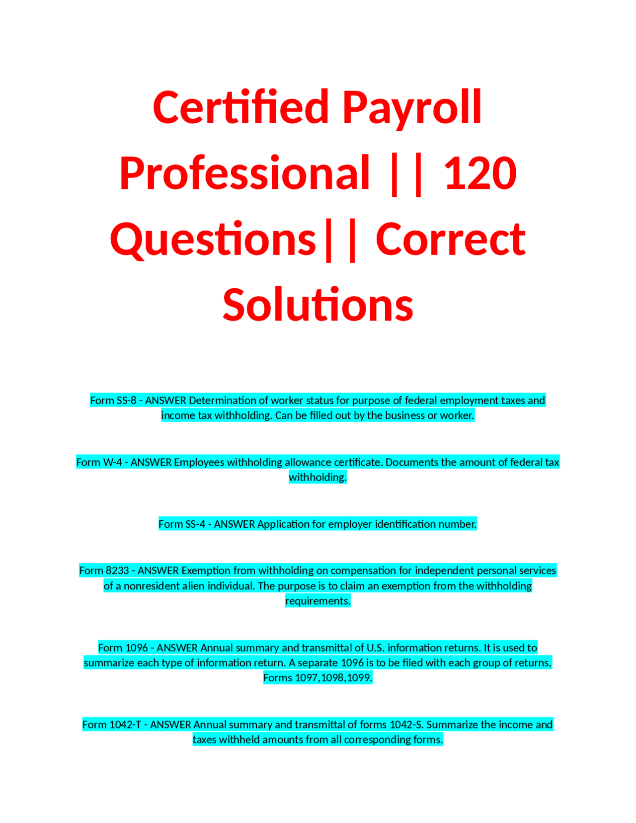 Certified Payroll Professional: 120 Questions and Correct Solutions ...