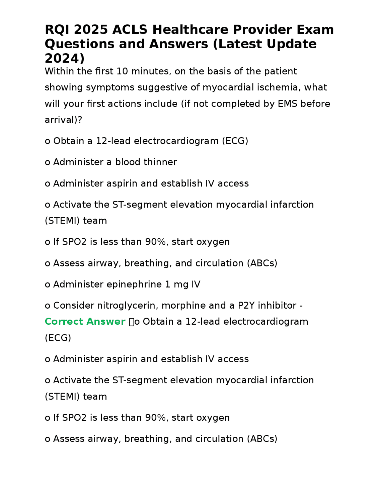 RQI 2025 ACLS Healthcare Provider Exam Questions and Answers | Exams ...