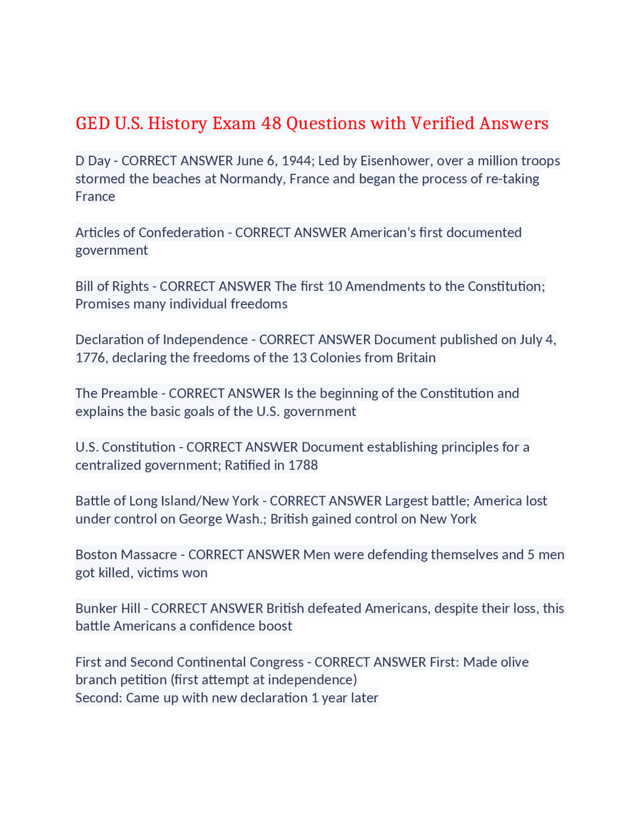 GED U.S. History Exam 48 Questions with Verified Answers,100% CORRECT ...