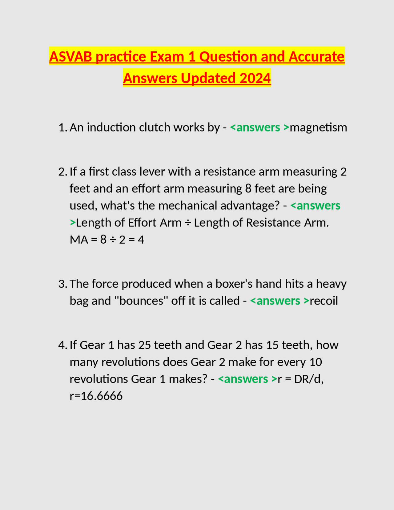 ASVAB practice Exam 1 Question and Accurate Answers Updated 2024 ...