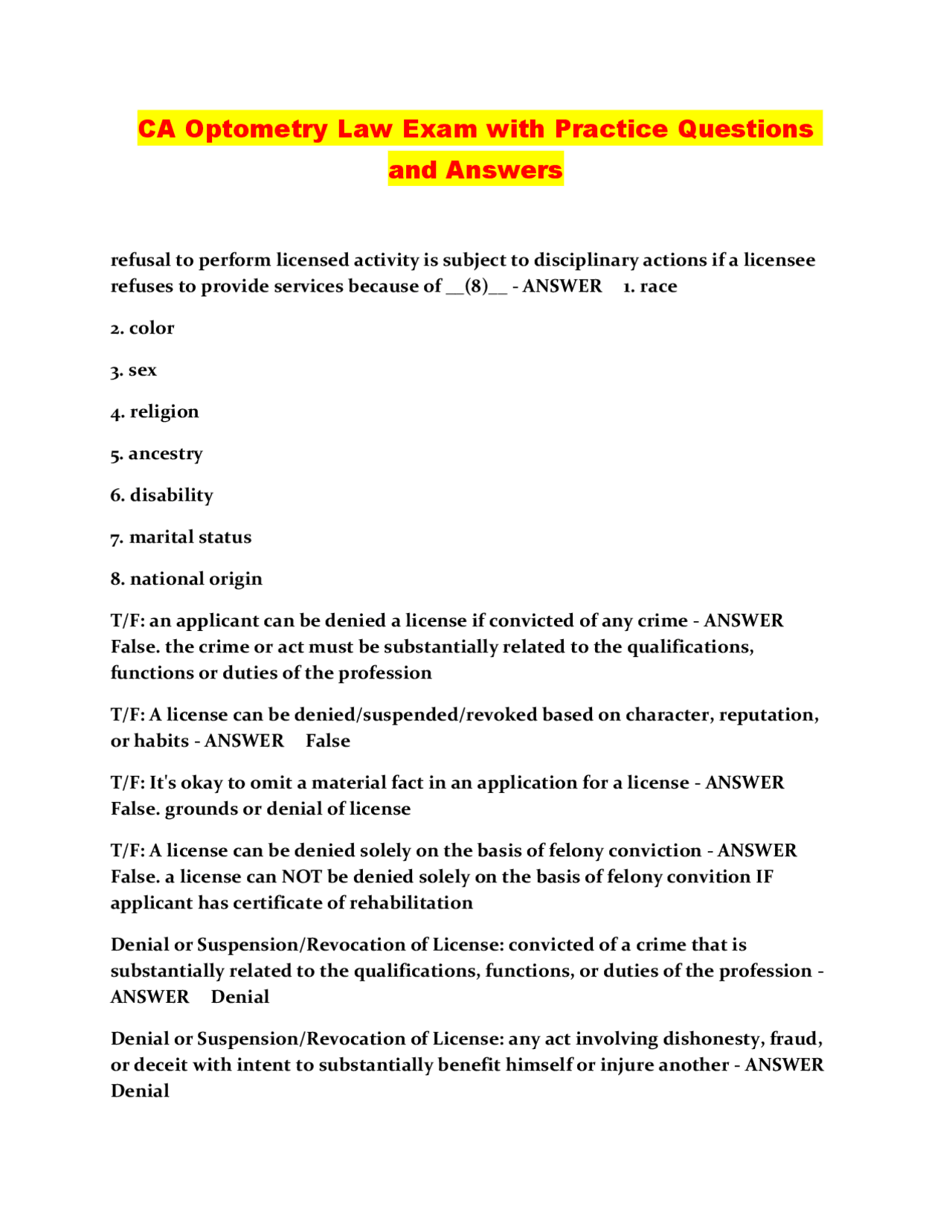 CA Optometry Law Exam with Practice Questions and Answers | Exams Law ...