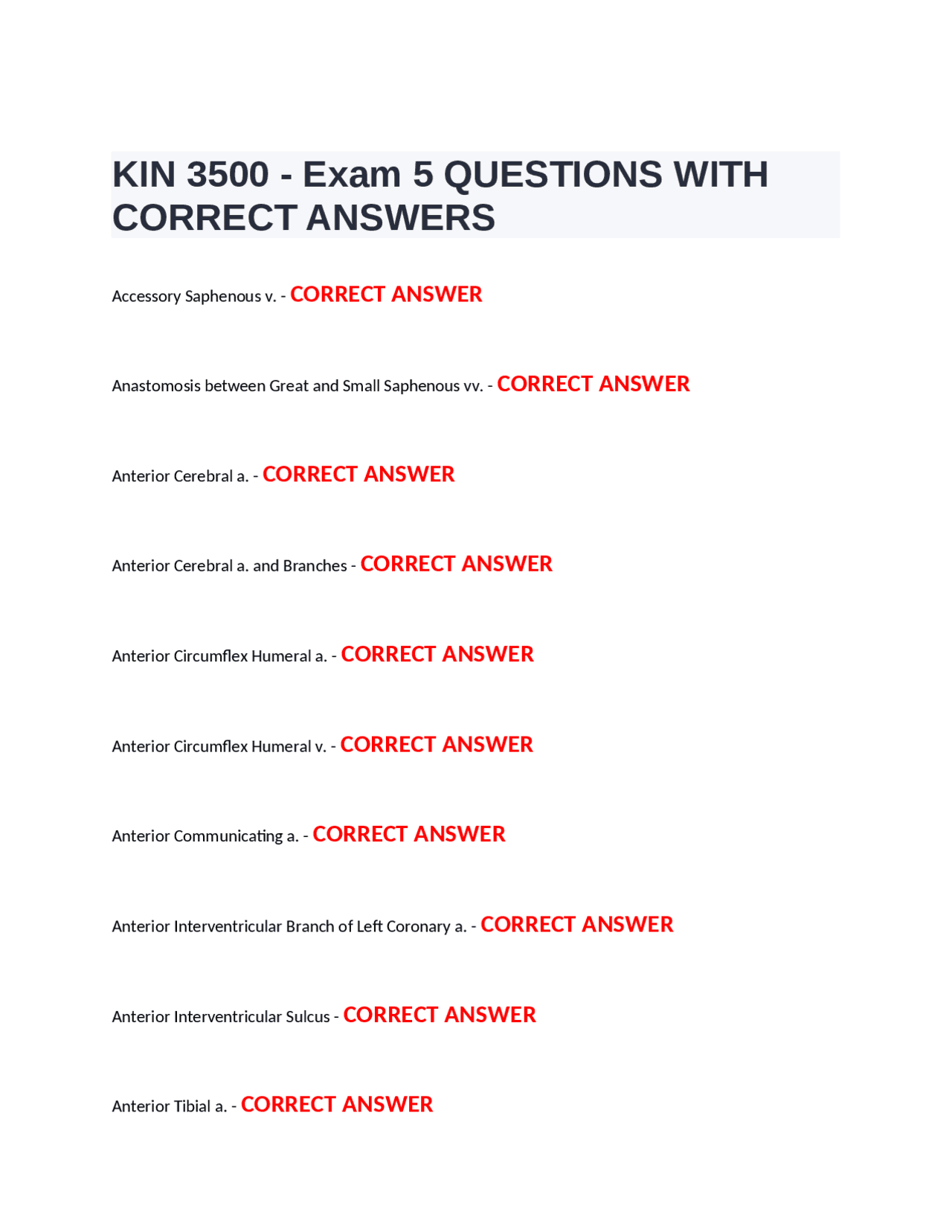 KIN 3500 - Exam 5 QUESTIONS WITH CORRECT ANSWERS | Exams Nursing | Docsity