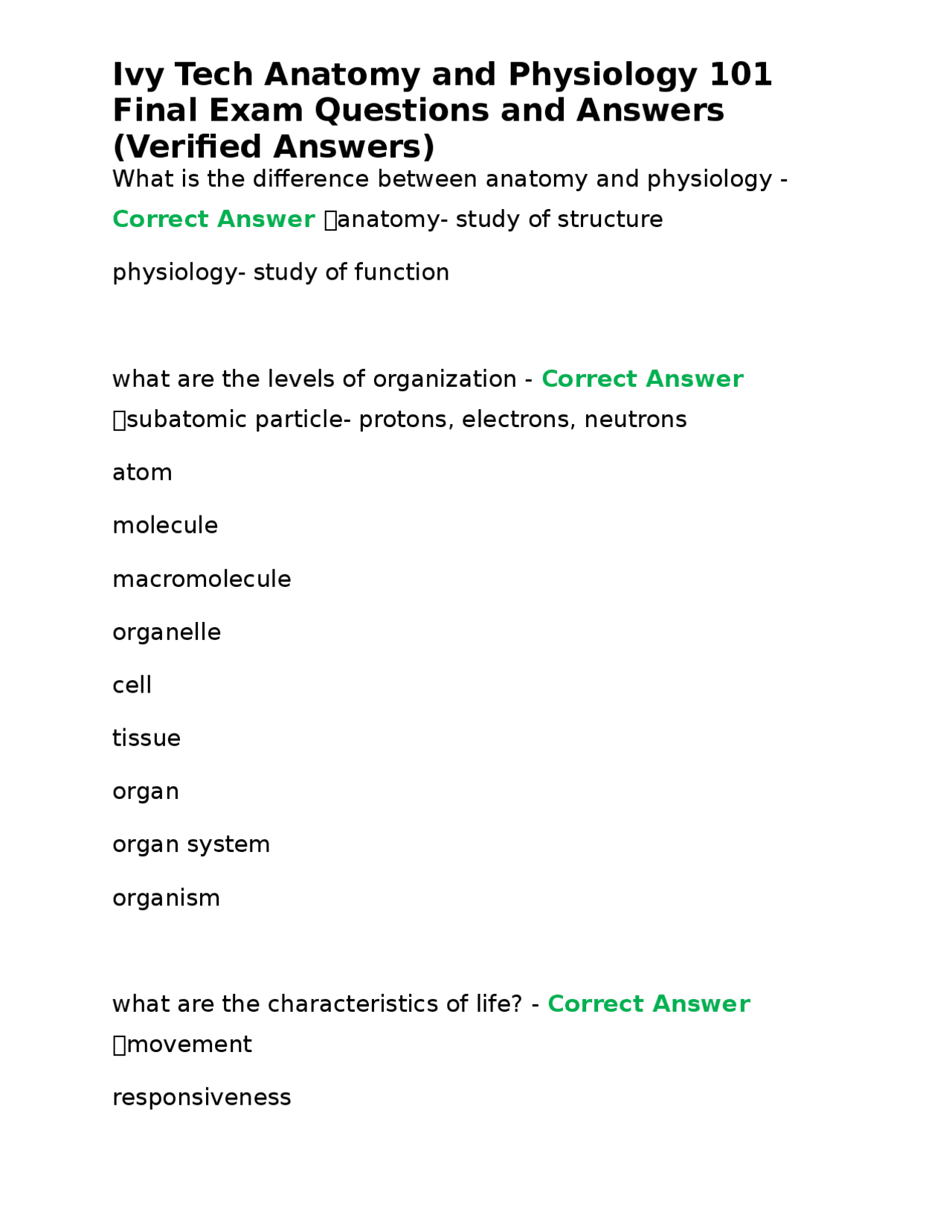 Ivy Tech Anatomy and Physiology 101 Final Exam Questions and Answers ...
