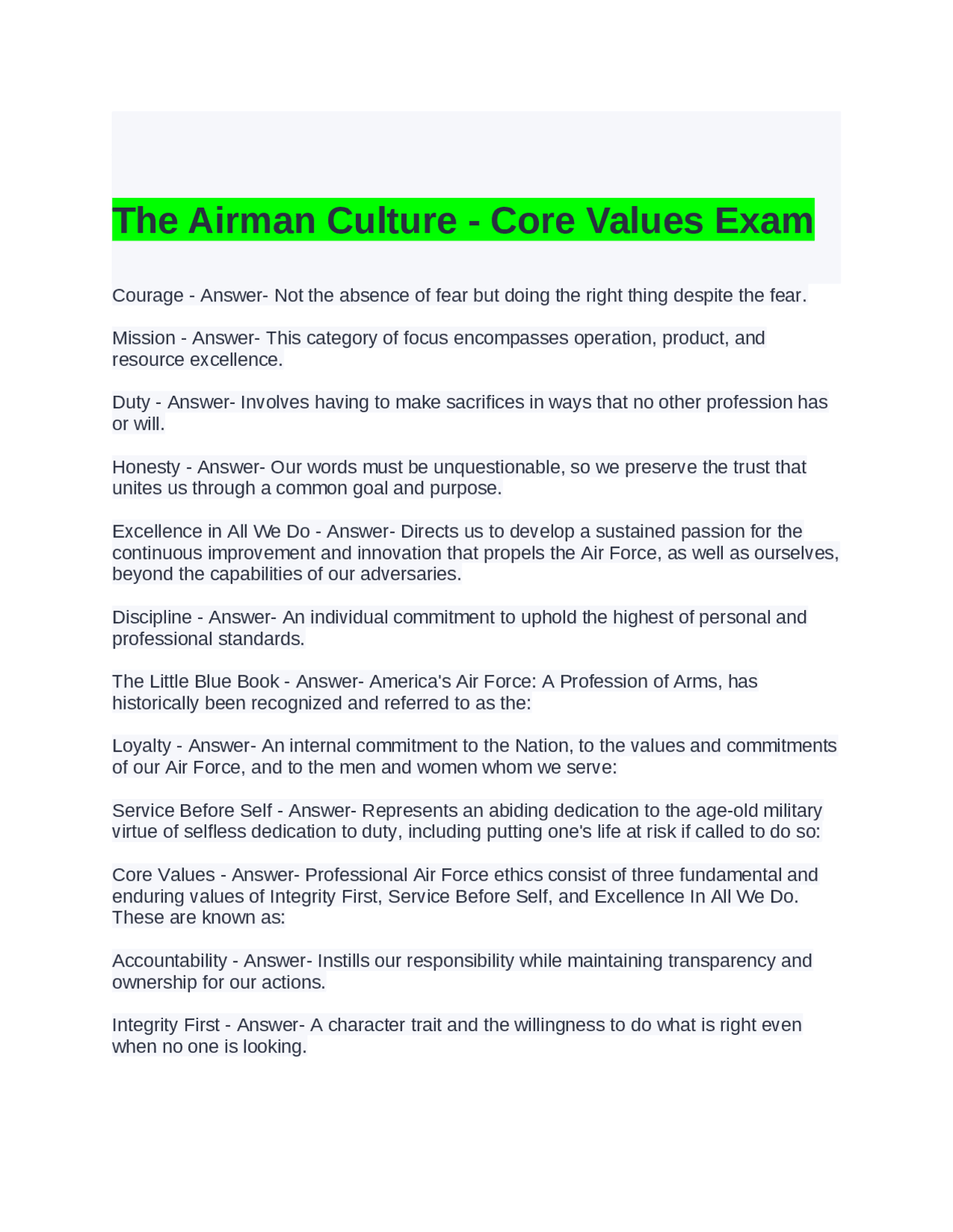 The Airman Culture - Core Values Exam Questions and Answers | Exams ...