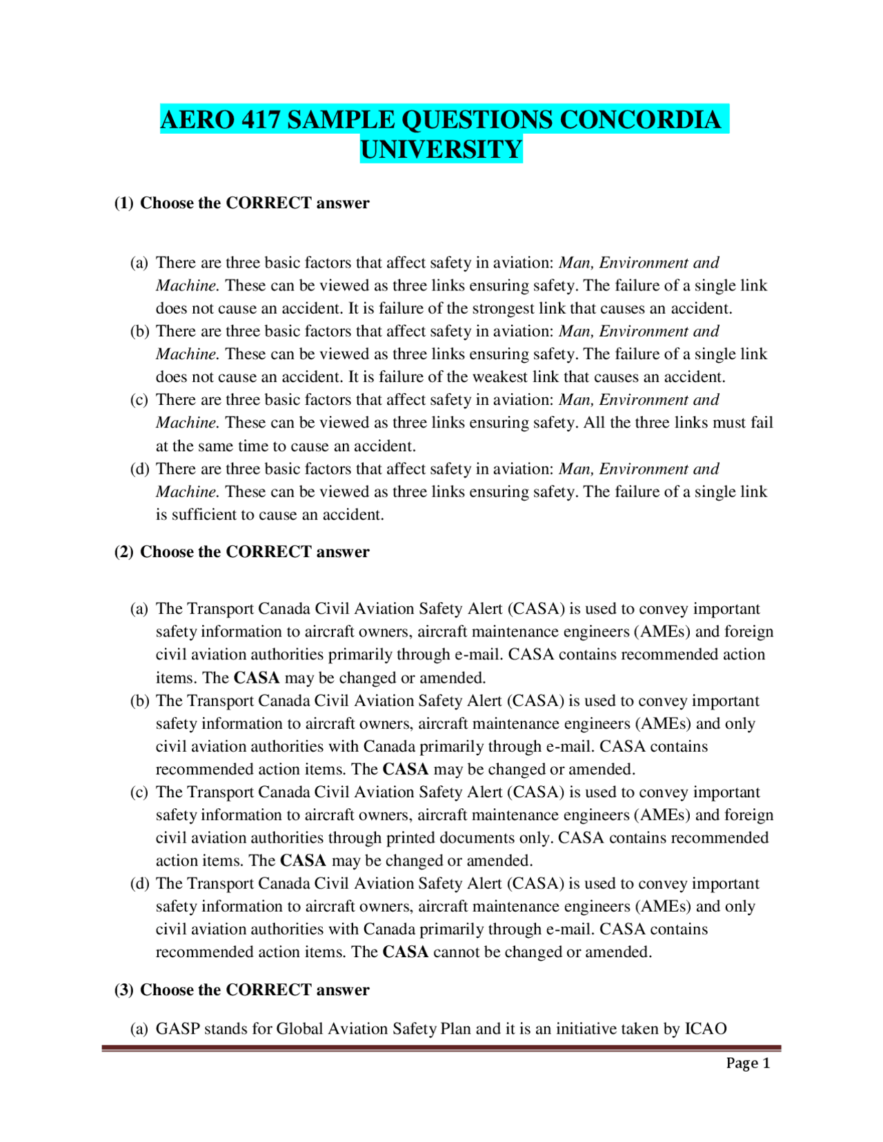 AERO 417 SAMPLE QUESTIONS CONCORDIA UNIVERSITY | Exams Advanced ...
