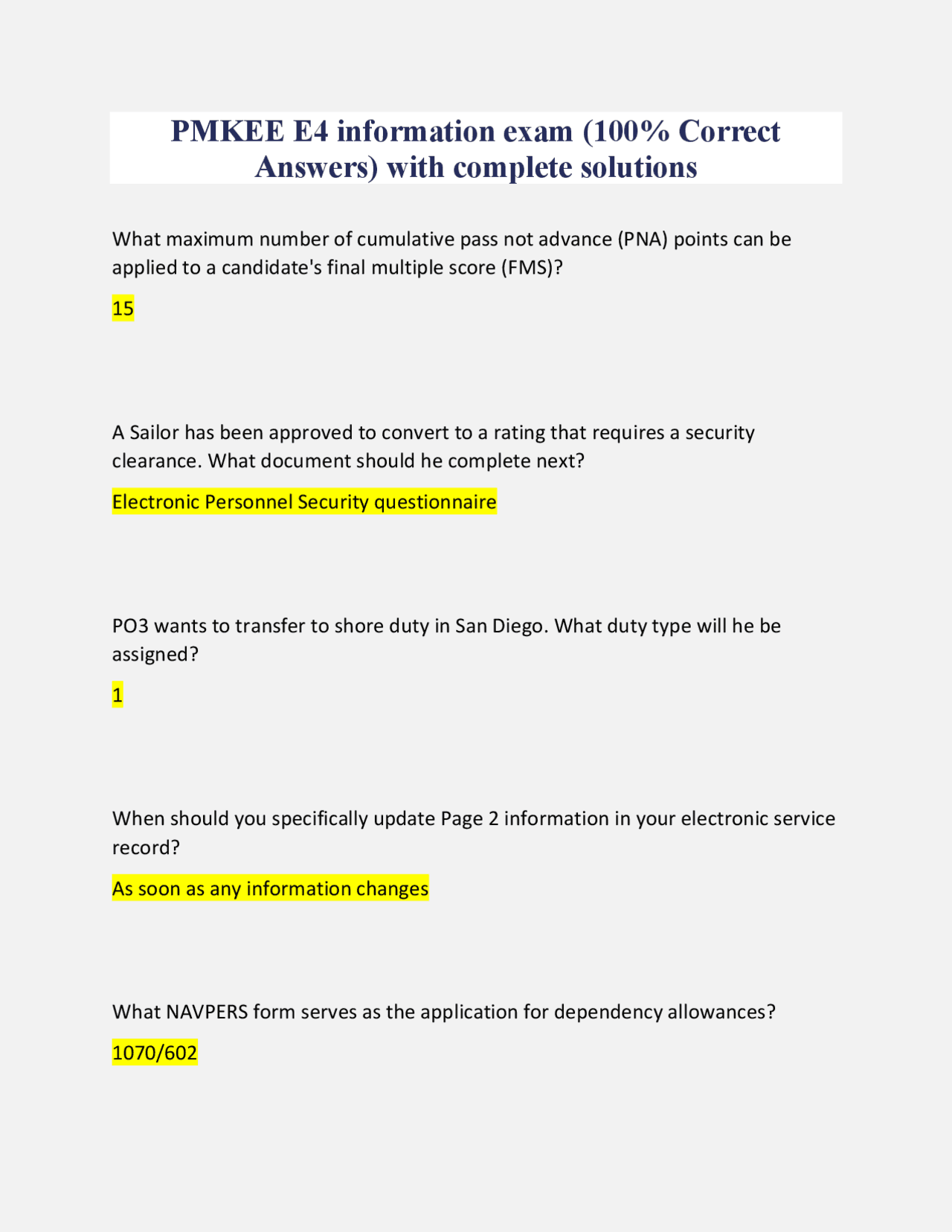 PMKEE E4 information exam (100% Correct Answers) with complete ...