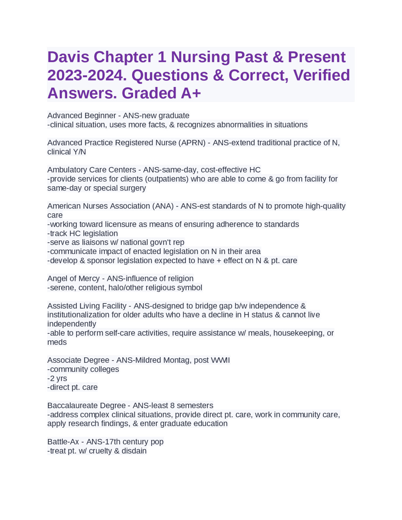 Davis Chapter 1 Nursing Past & Present 2023-2024. Questions & Correct ...