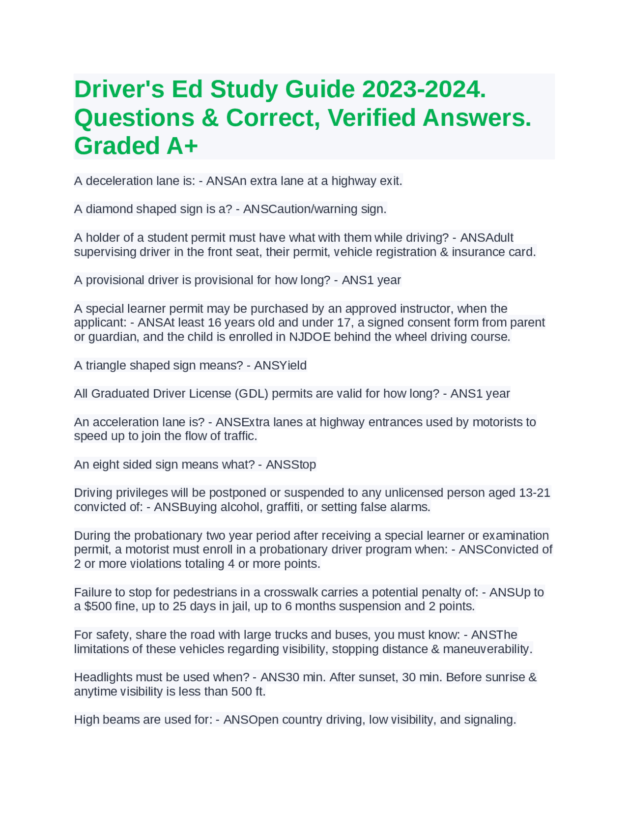 Driver's Ed Study Guide 2023-2024 | Exams European Computer Driving ...