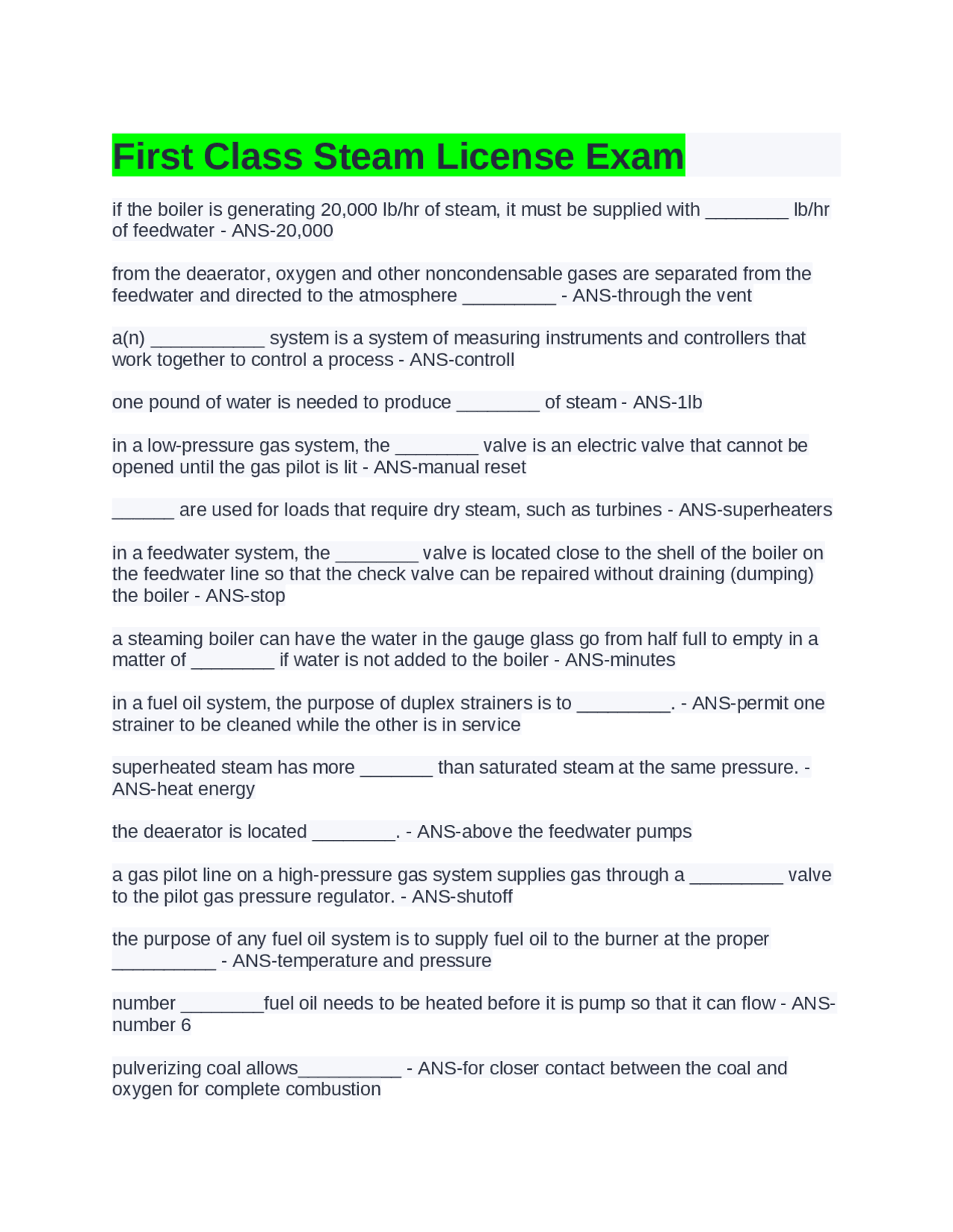 First Class Steam License Exam | Exams Engineering | Docsity