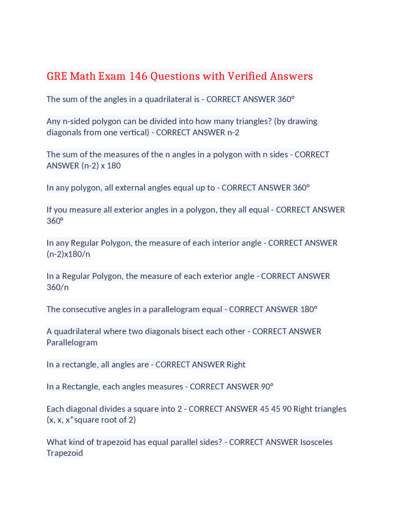 GRE Math Exam 146 Questions with Verified Answers,100% CORRECT | Exams ...