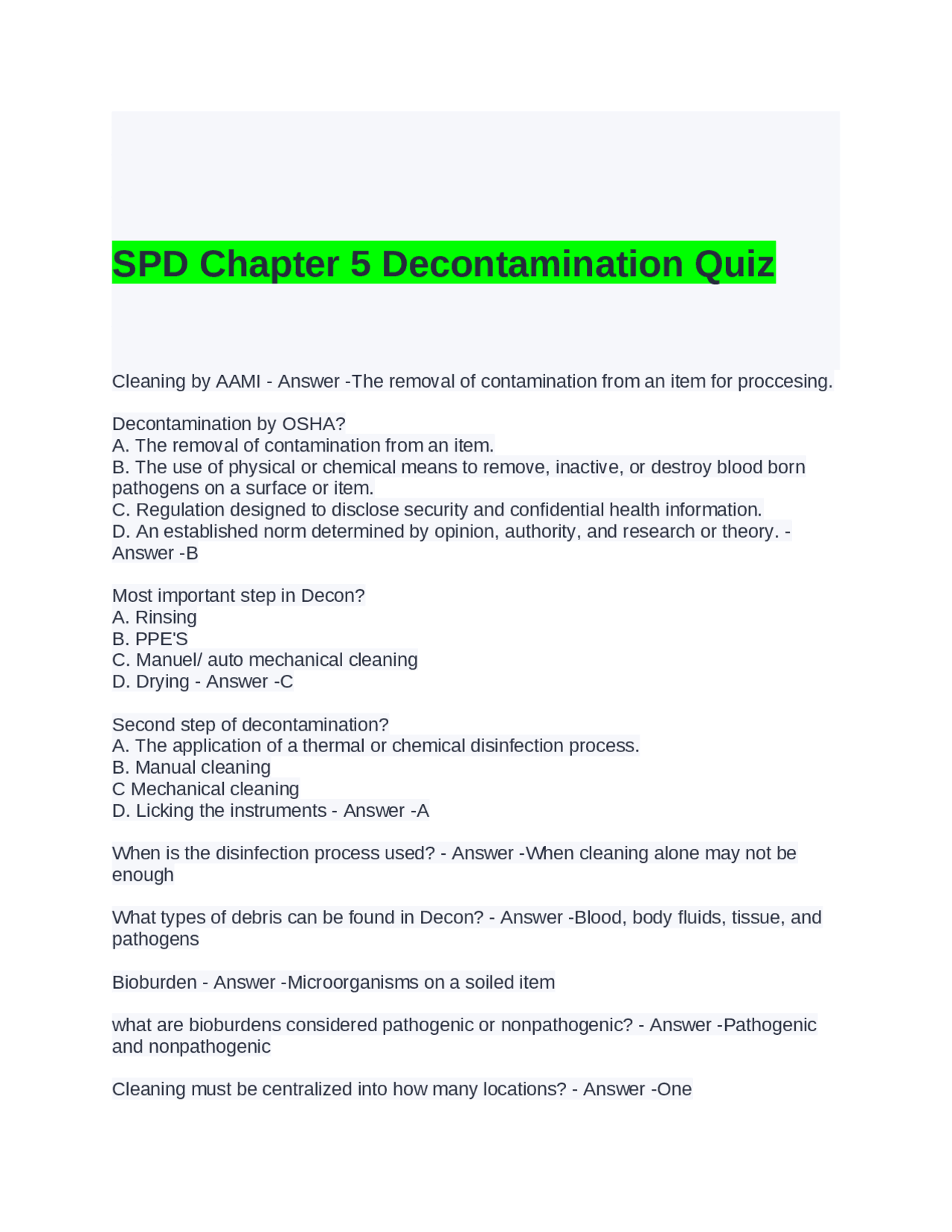 SPD Chapter 5 Decontamination Quiz- with complete solutions | Exams ...