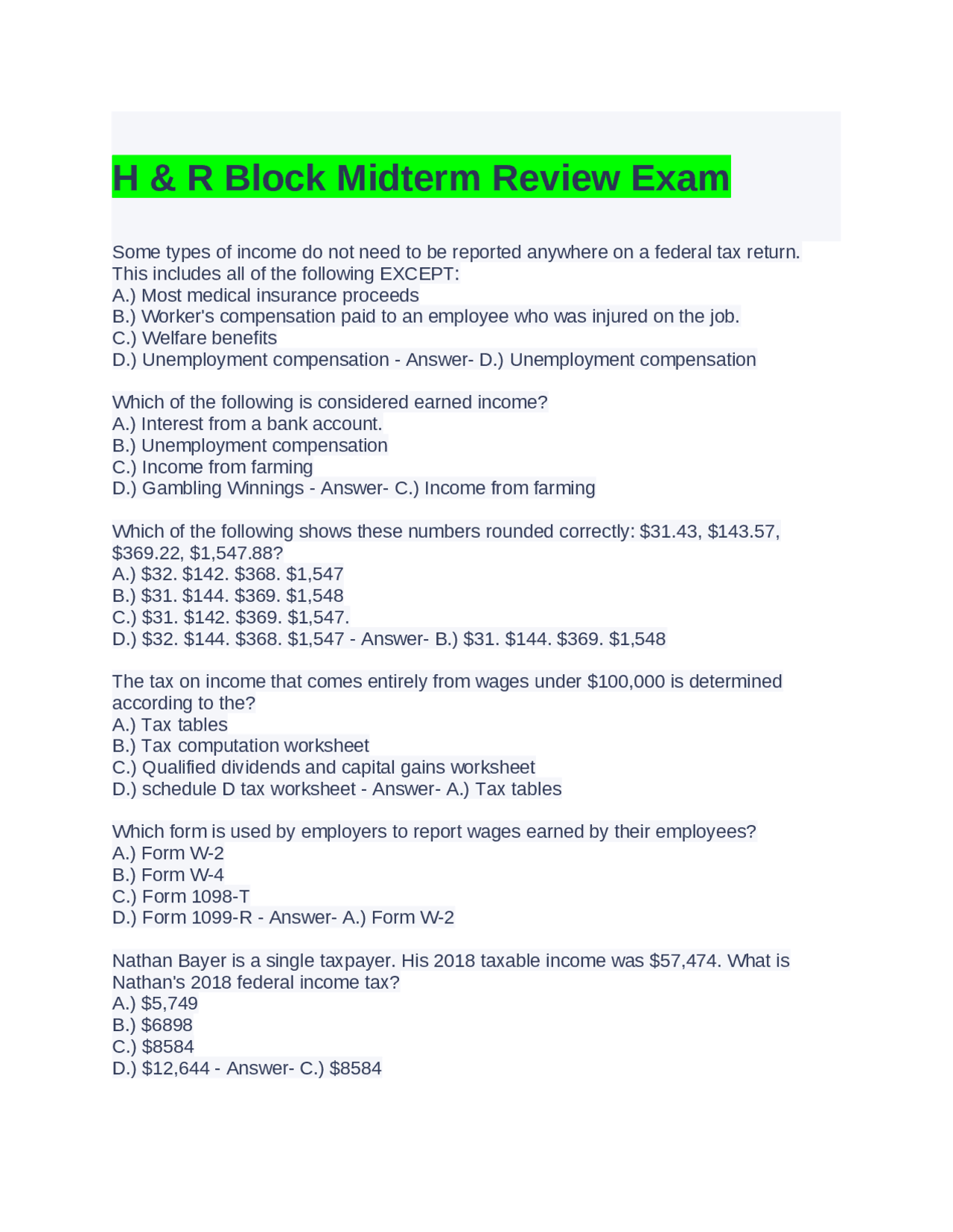 H & R Block Midterm Review Exam Questions and Answers | Exams Advanced ...
