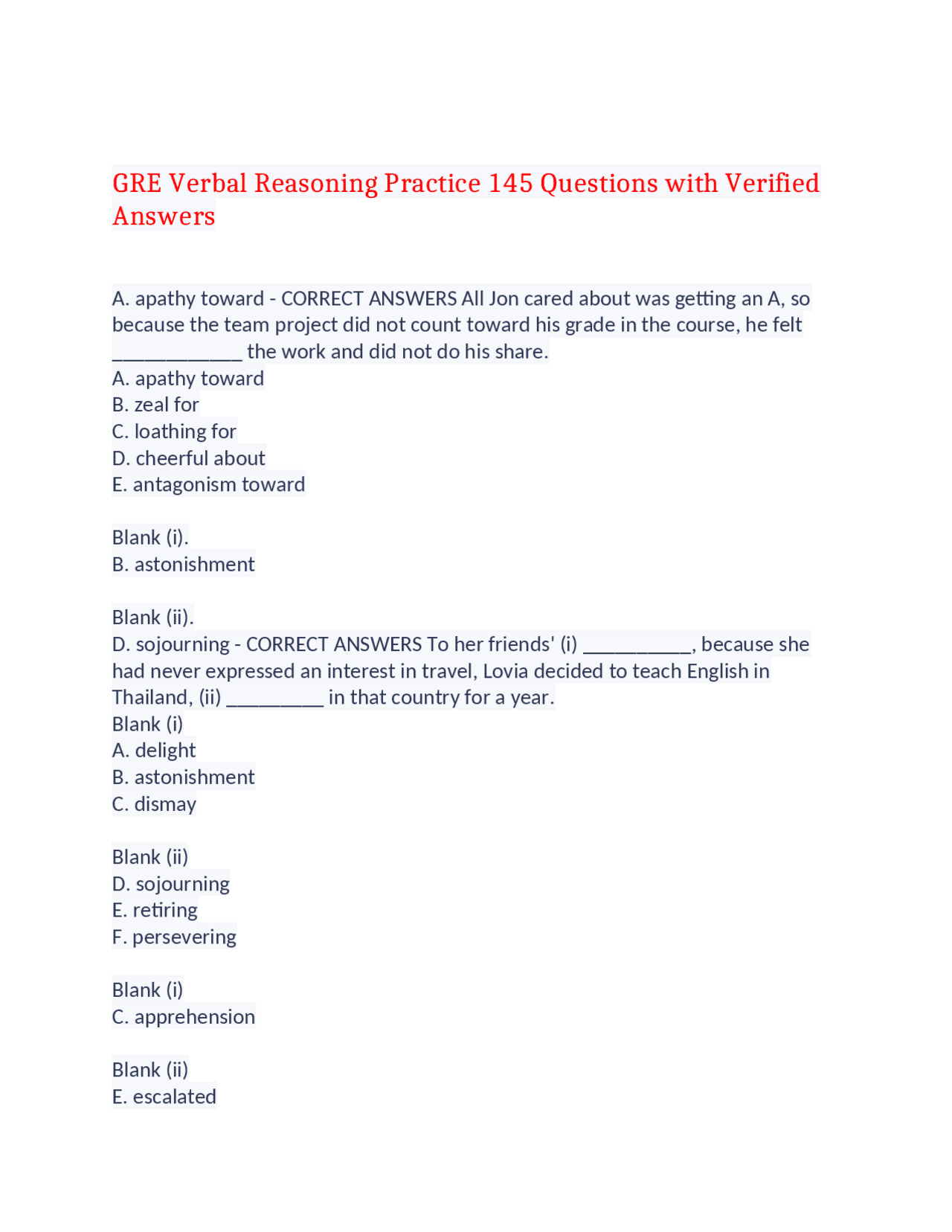 GRE Verbal Reasoning Practice 145 Questions with Verified Answers,100% CORRECT | Exams English ...