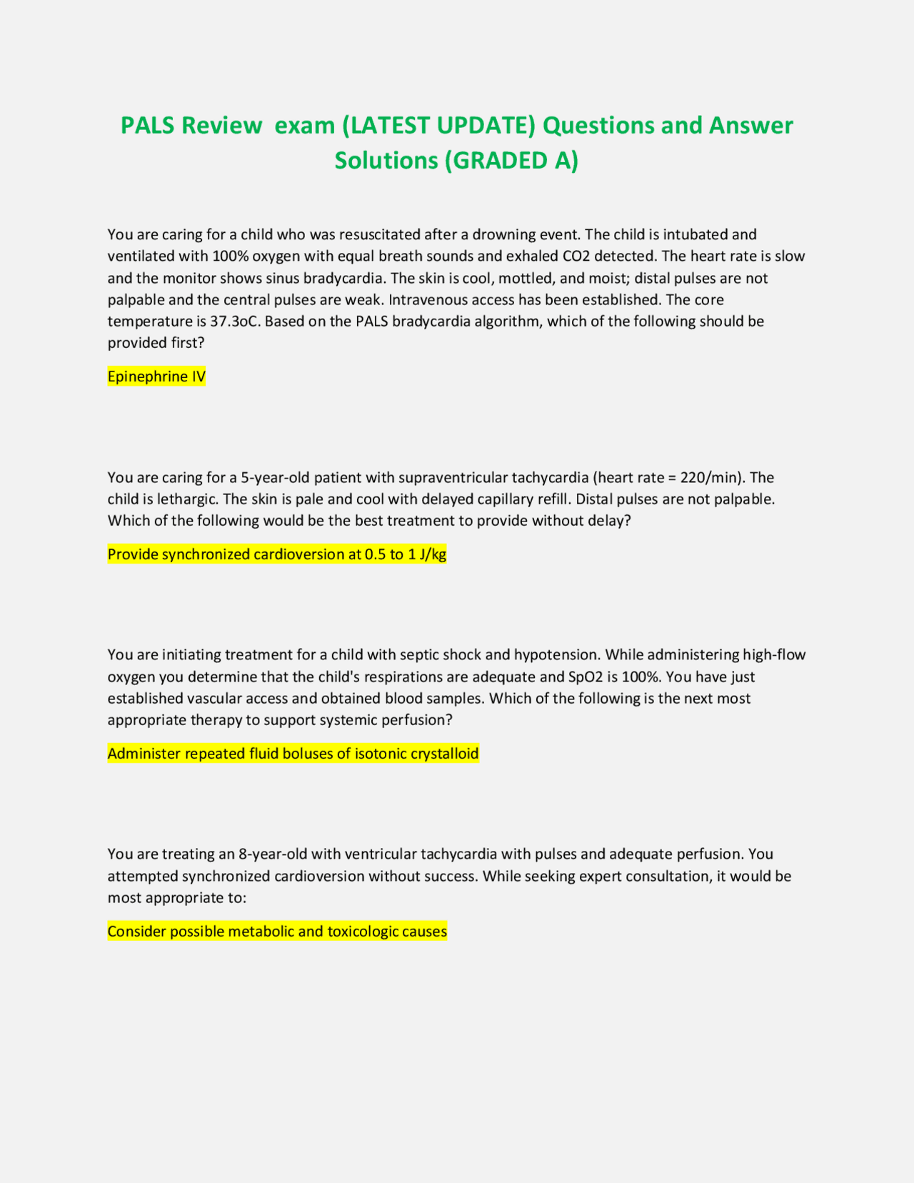 PALS Review Exam Questions and Answers | Exams Nursing | Docsity