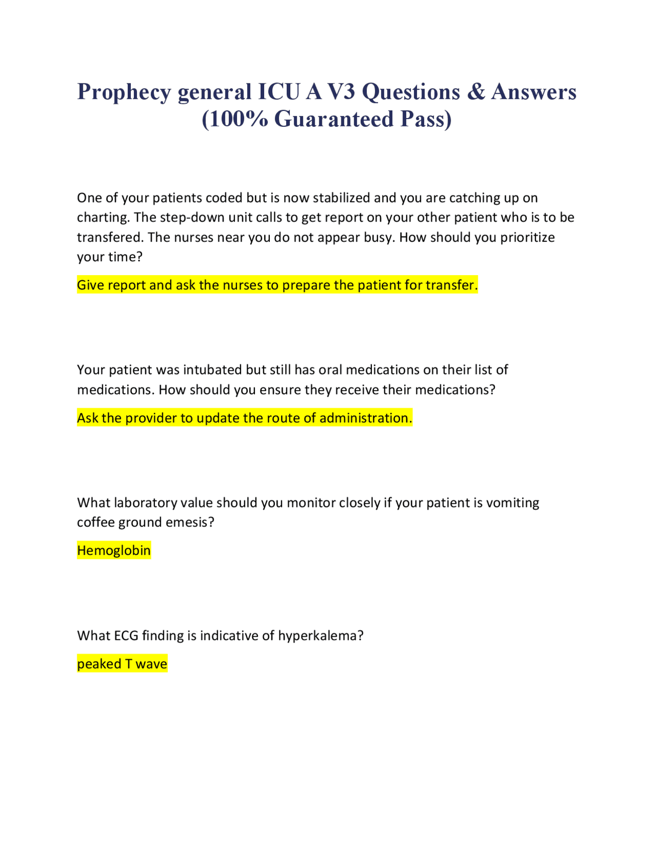 Prophecy General ICU A V3 Questions & Answers | Exercises Nursing | Docsity