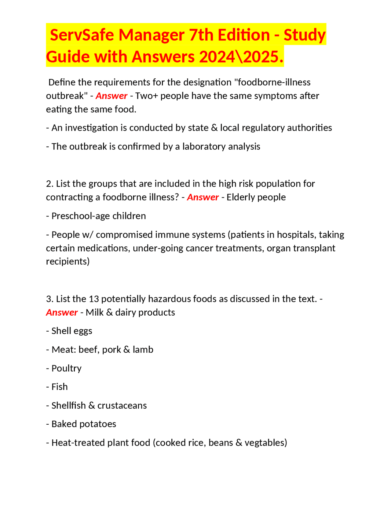 ServSafe Manager 7th Edition - Study Guide with Answers 2024/2025 ...