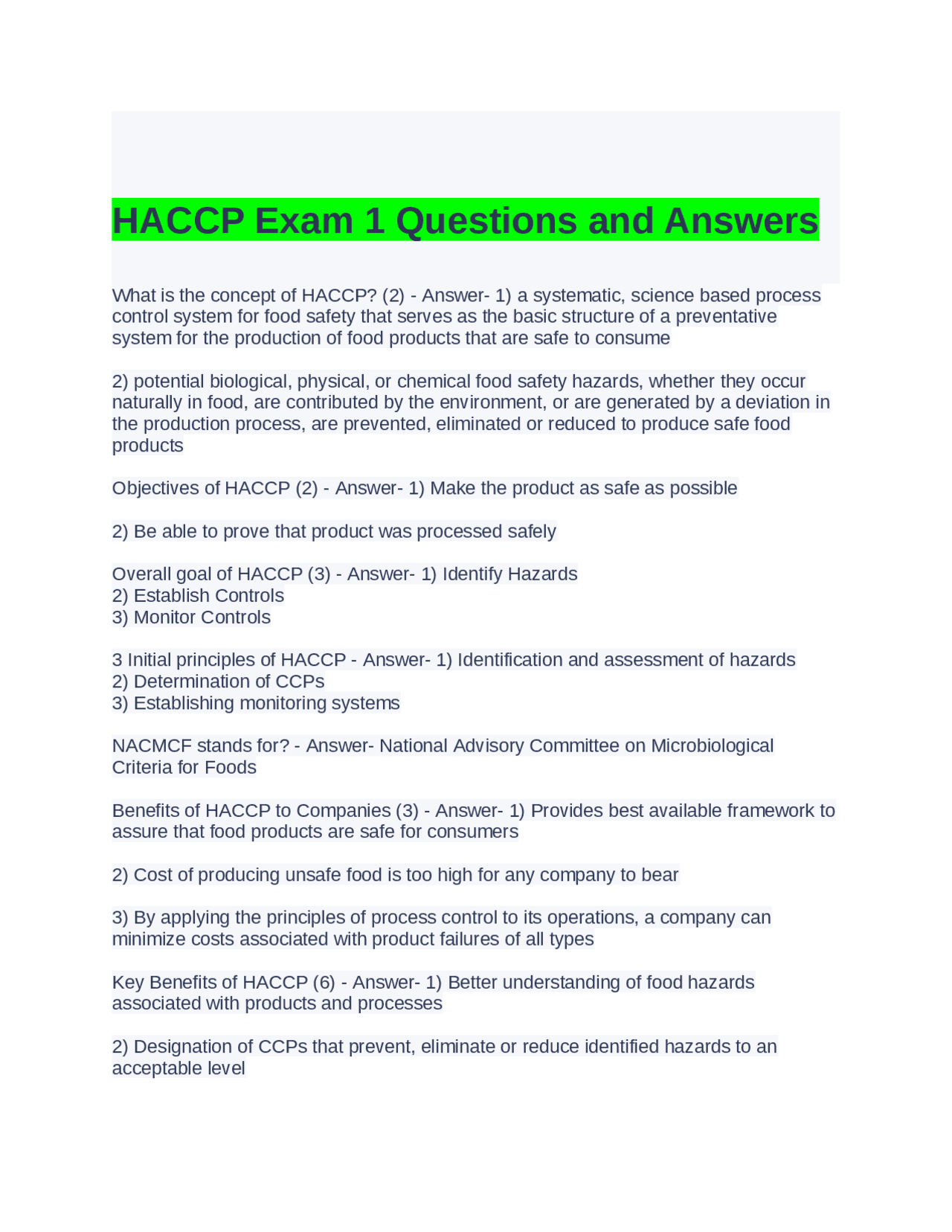 HACCP Exam 1 Questions and Answers | Exams Advanced Education | Docsity
