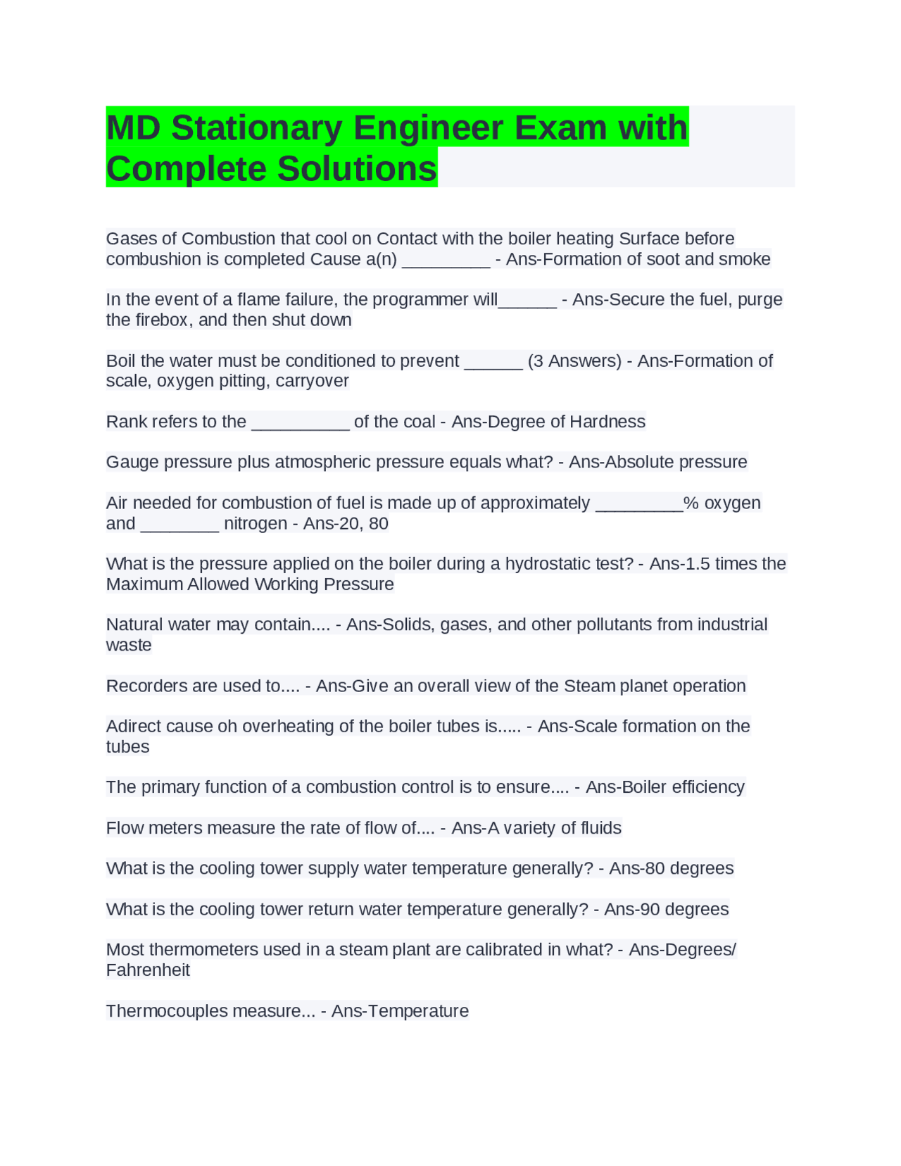 MD Stationary Engineer Exam with Complete Solutions | Exams Engineering ...