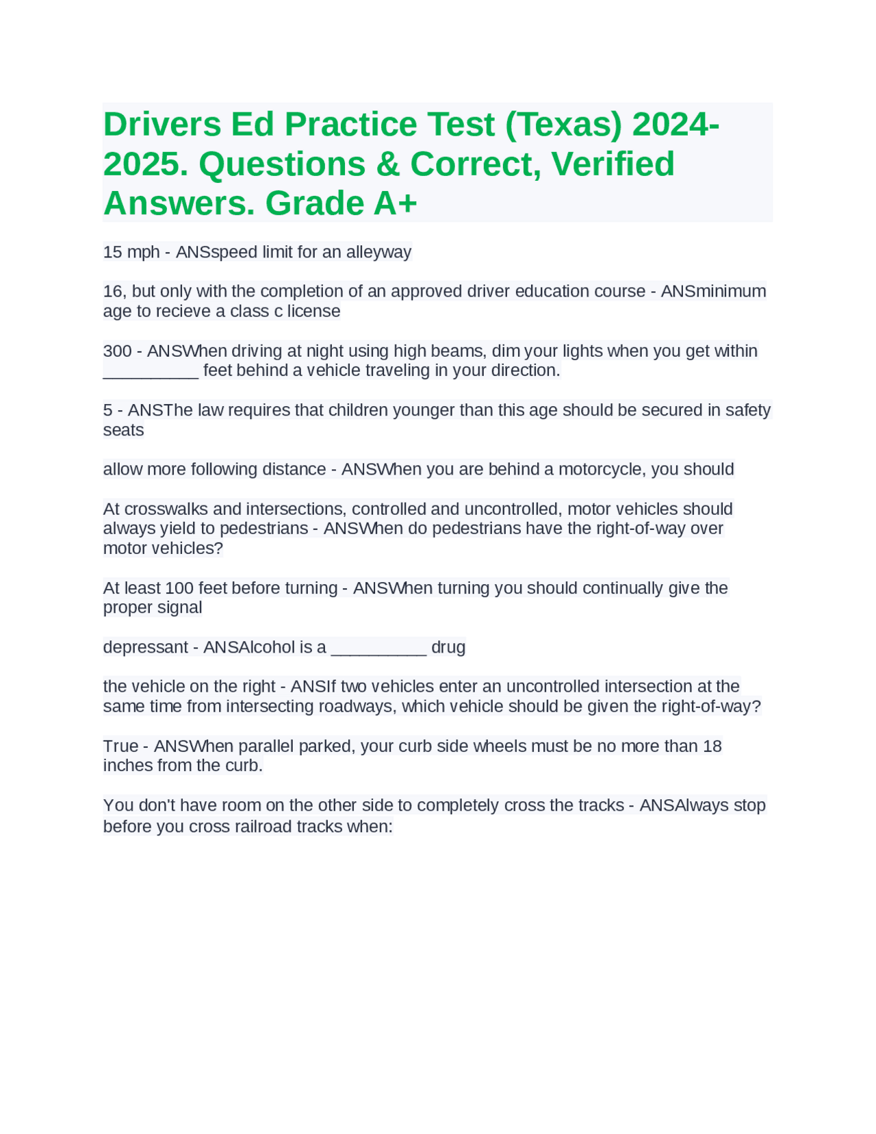 Drivers Ed Practice Test (Texas) 2024-2025. Questions & Correct ...