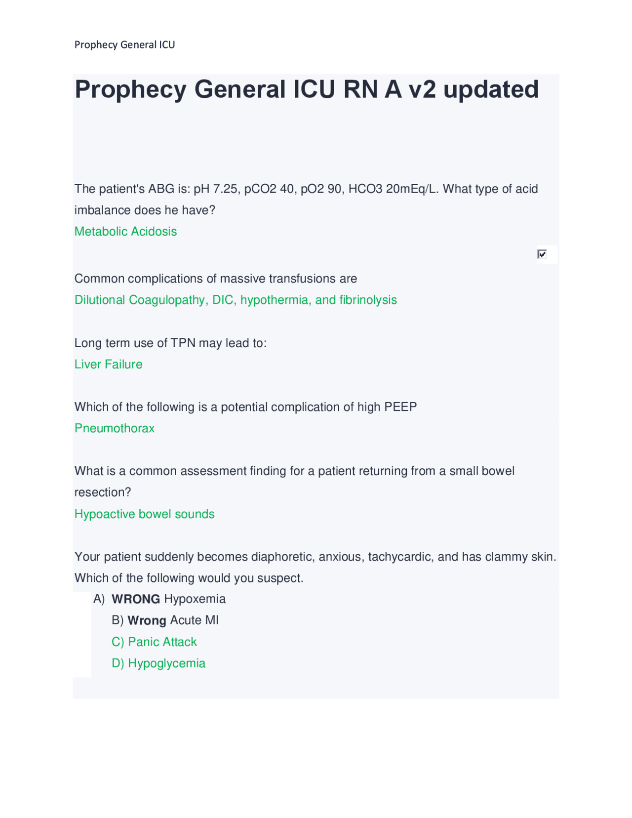 Prophecy General ICU RN A v2 updated | Exams Nursing | Docsity