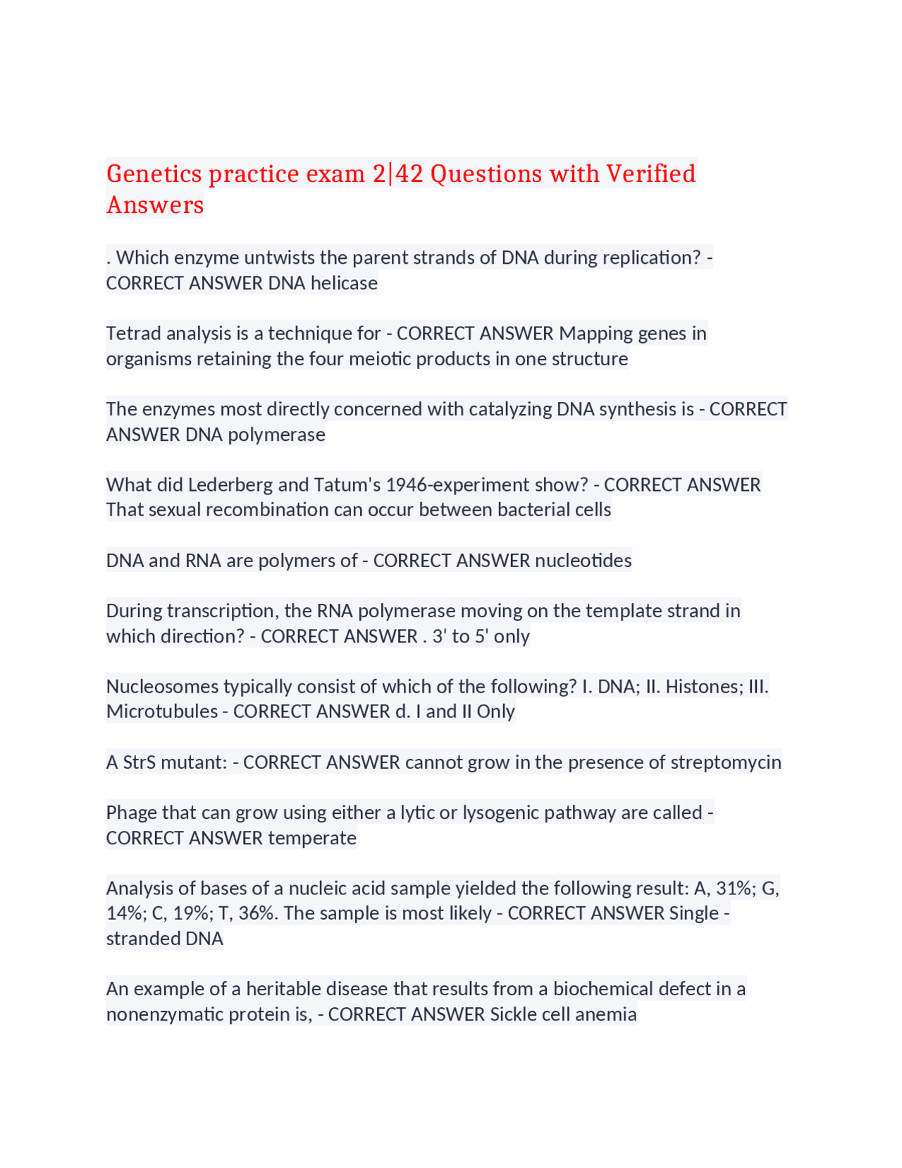 Genetics Practice Exam 2 | Exams Nursing | Docsity